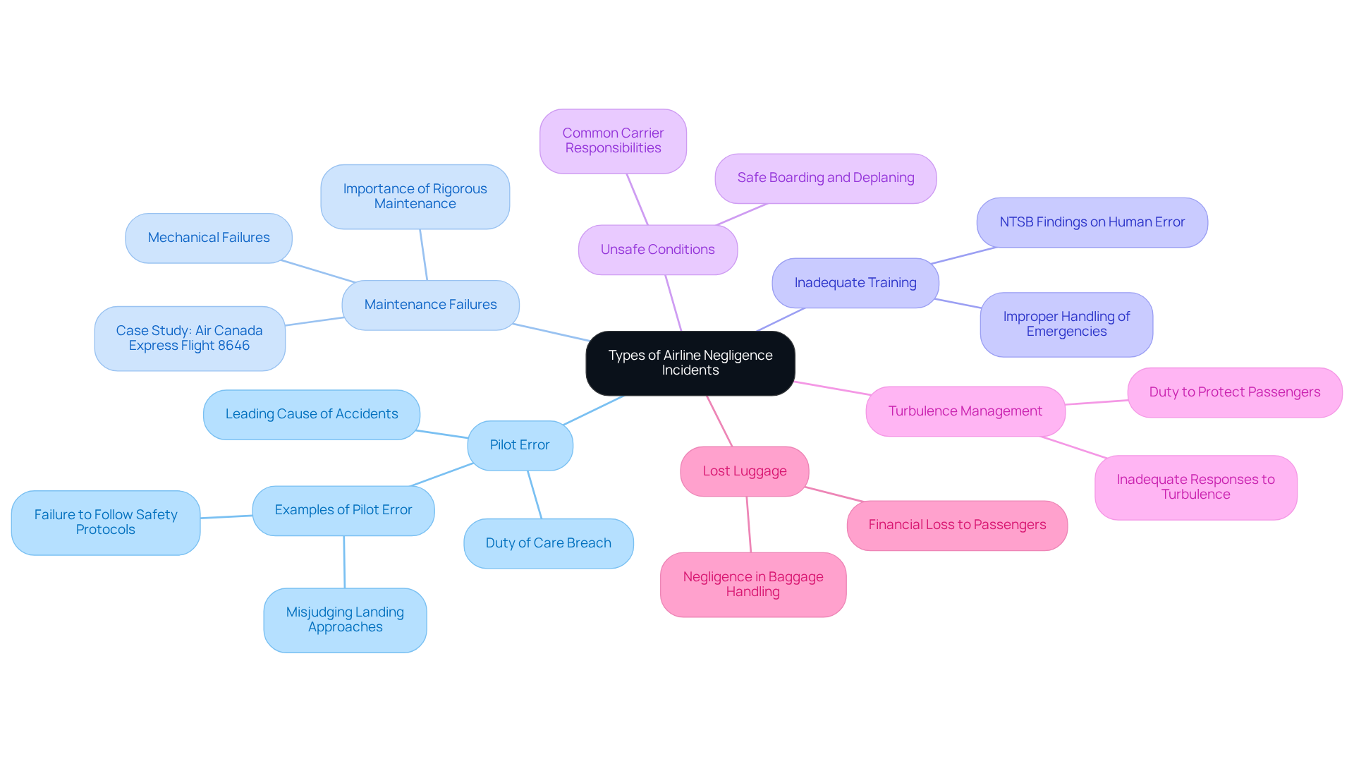 This mindmap shows the different ways airlines can be negligent. Each branch represents a type of negligence, and you can follow the branches to see specific examples or details related to each type. It's a helpful way to visualize how these issues can impact your safety and rights as a passenger. This mindmap shows the different ways airlines can be negligent. Each branch represents a type of negligence, and you can follow the branches to see specific examples or details related to each type. It's a helpful way to visualize how these issues can impact your safety and rights as a passenger.