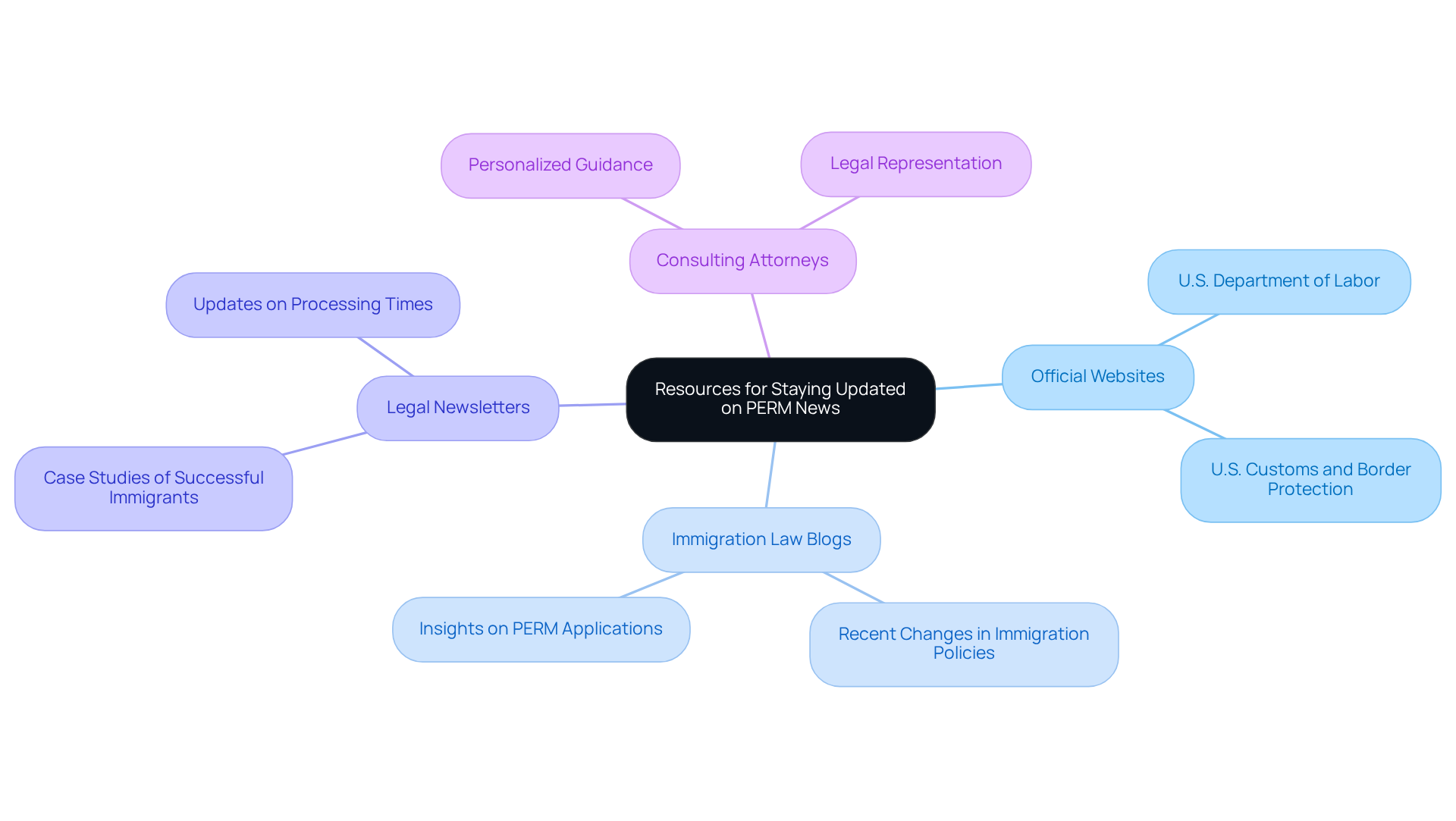 The central node represents the main topic, while the branches show different types of resources you can use to stay informed. Each branch leads to specific examples or insights, helping you navigate the immigration process more effectively.