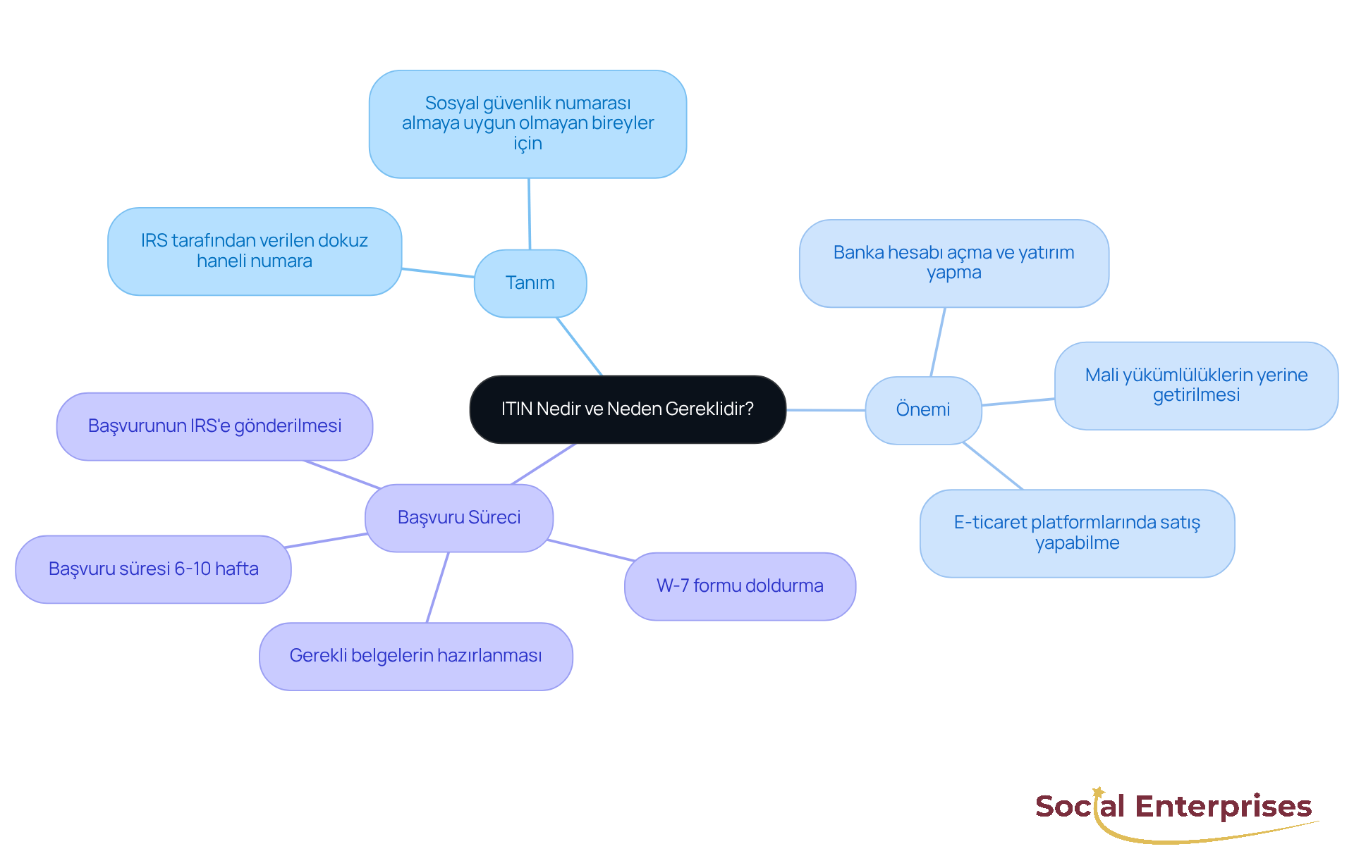 Merkezdeki başlık ITIN hakkında genel bilgiyi temsil eder. Dallar, ITIN'in tanımı, önemi ve nasıl başvurulacağı gibi konuları açıklıyor. Her dalın altında yer alan bilgiler, o dal ile ilişkili detayları sunuyor.