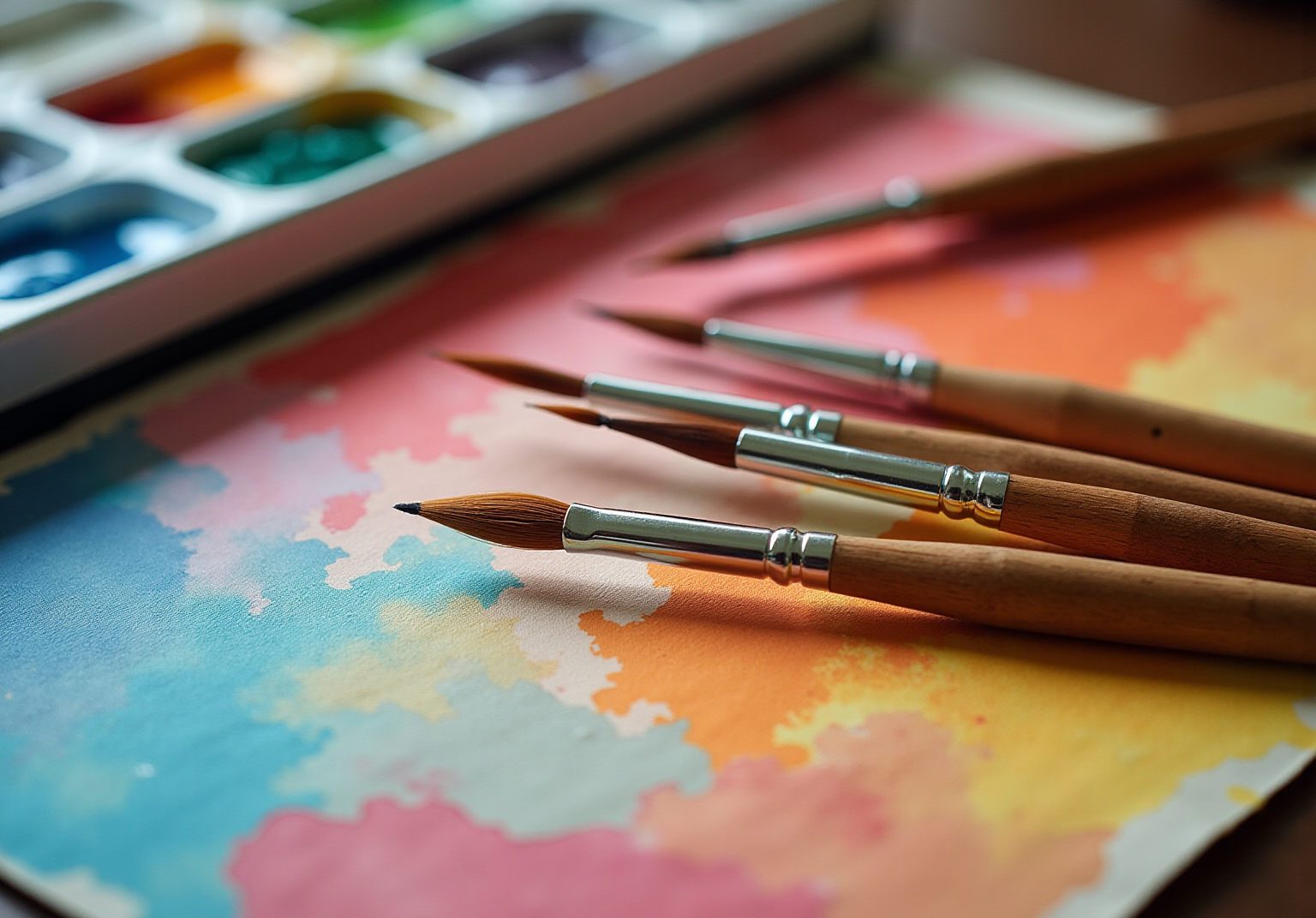 Escoda Watercolor Brushes in an Artist's Workspace Escoda Watercolor Brushes in an Artist's Workspace