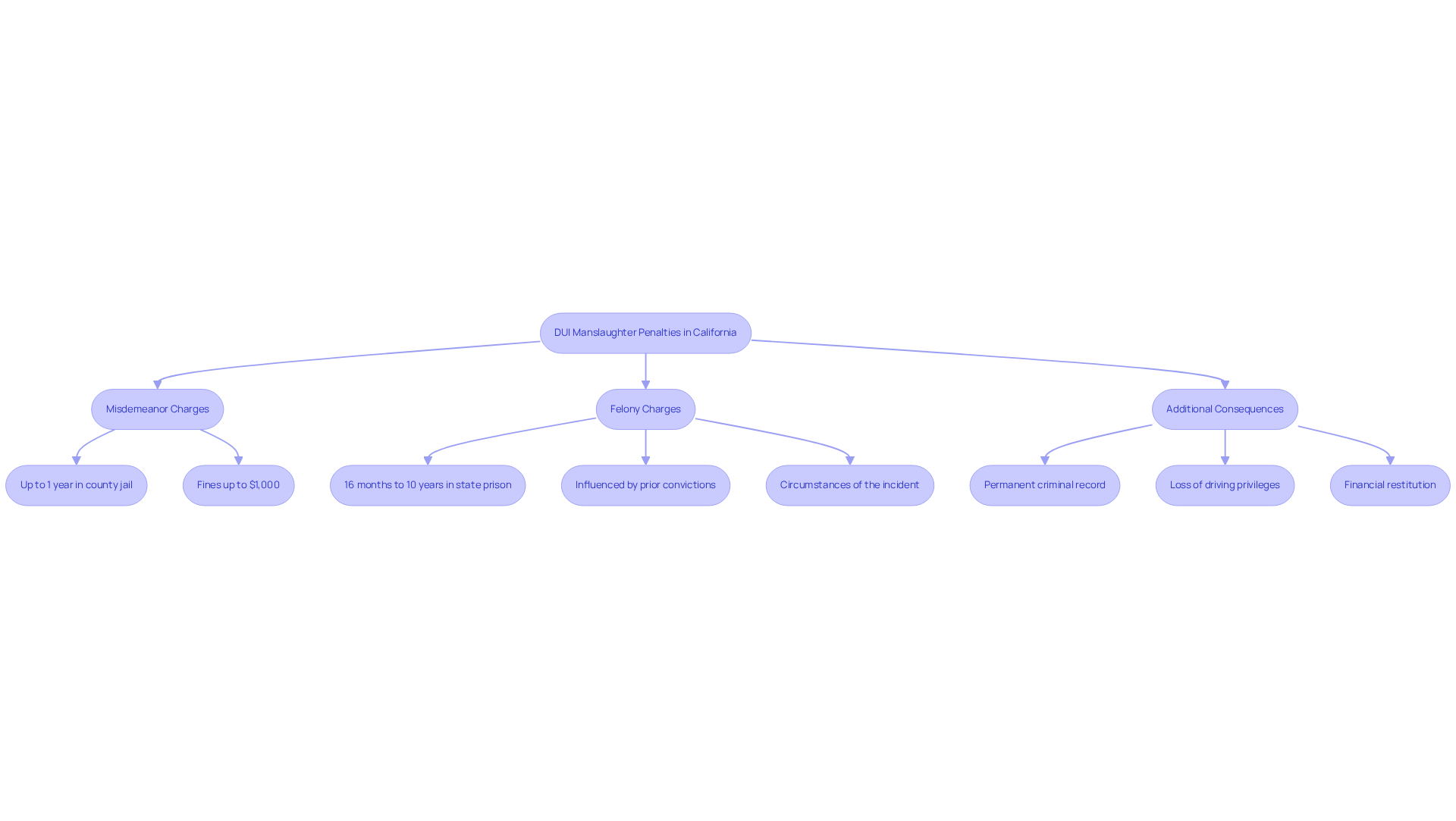 This flowchart outlines the penalties for DUI manslaughter. Start at the top with the main topic, then follow the branches to see the different charges and their consequences. Misdemeanor charges are less severe, while felony charges carry heavier penalties. Additional consequences apply regardless of the charge, emphasizing the seriousness of DUI manslaughter.