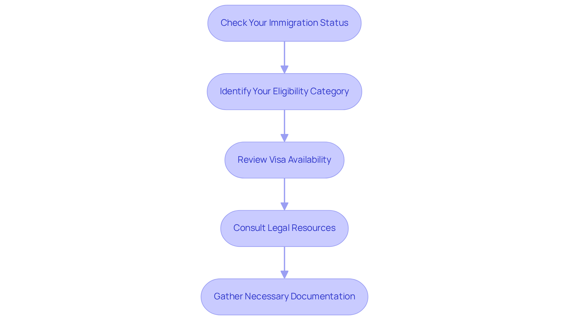 Each box represents a step you need to take to determine your eligibility for adjustment of status. Follow the arrows to see the order in which you should complete these steps, starting from checking your immigration status to gathering the necessary documents.