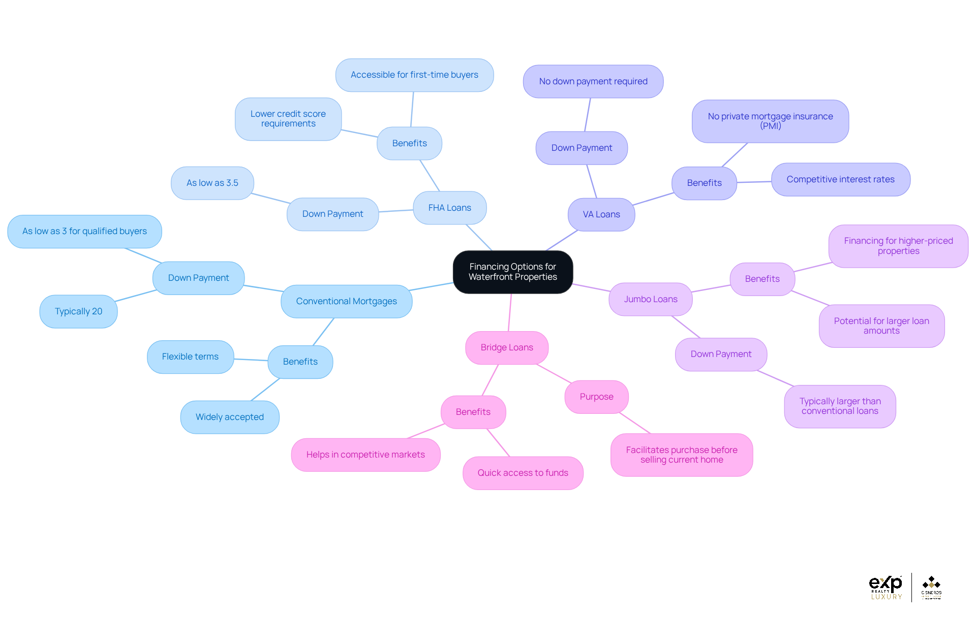 The central node represents the main topic of financing options. Each branch shows a different type of loan, and the sub-branches provide details about down payments and benefits. This layout helps you quickly grasp the various options available for buying waterfront homes.