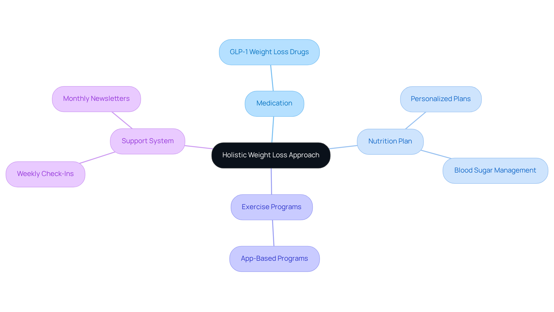 The center represents the overall strategy, while the branches show the different components that work together to support weight loss. Each color-coded section highlights a specific area of focus.