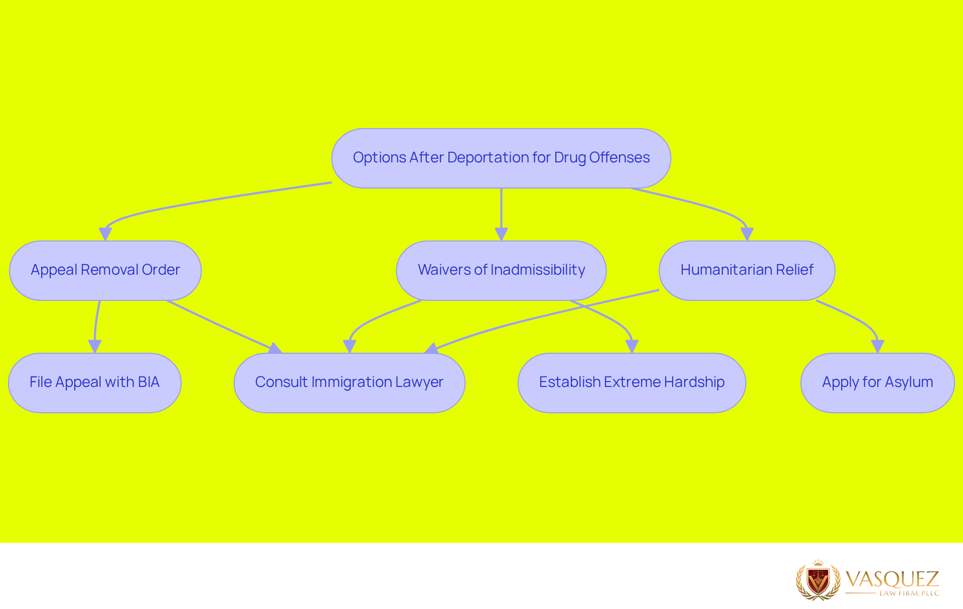 This flowchart shows the different options available for individuals who have been deported due to drug offenses. Each pathway represents a way to seek relief or re-entry into the US, guiding you through the steps you might take.