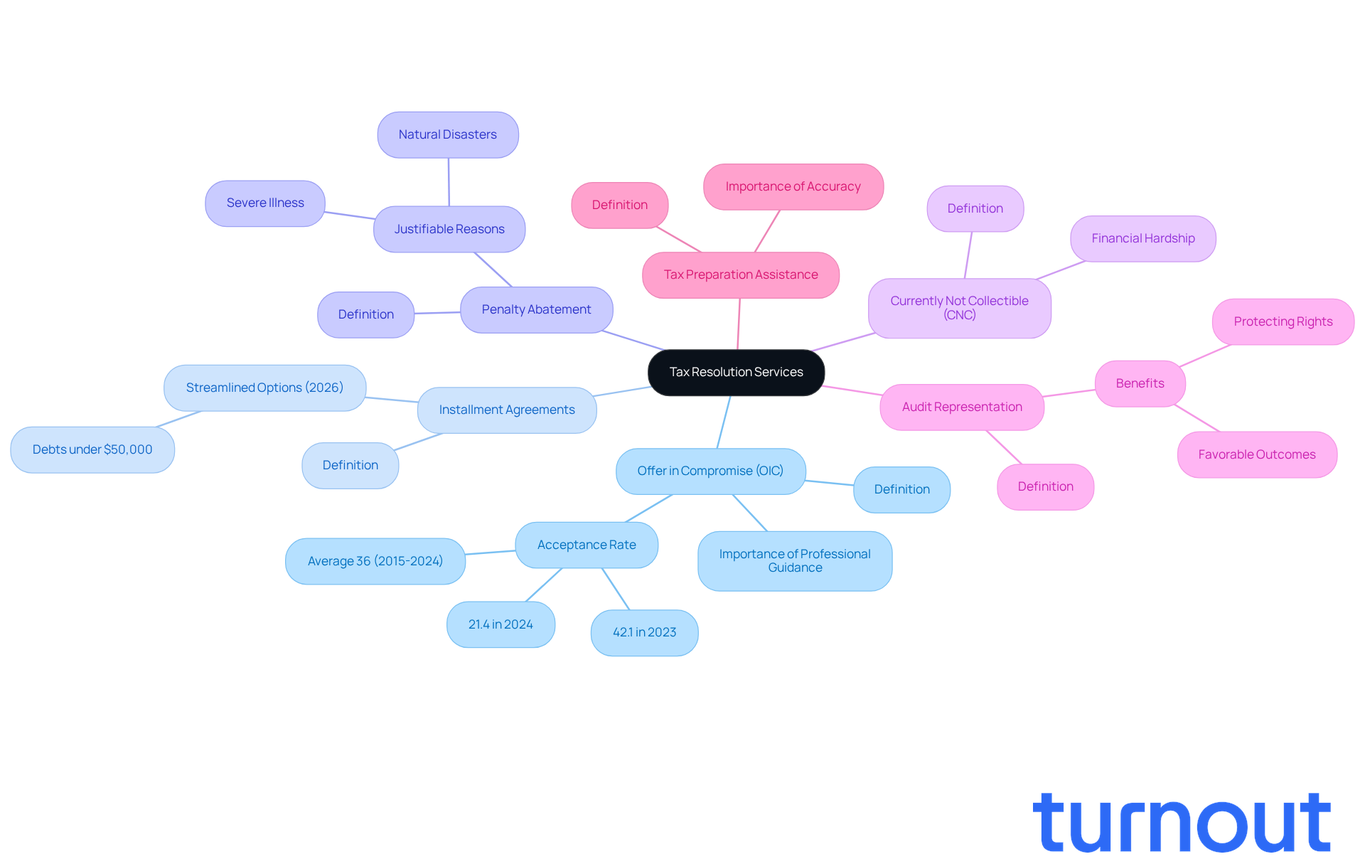 The central node represents tax resolution services, and each branch shows a different type of service available. Follow the branches to learn about each service's purpose and key details.