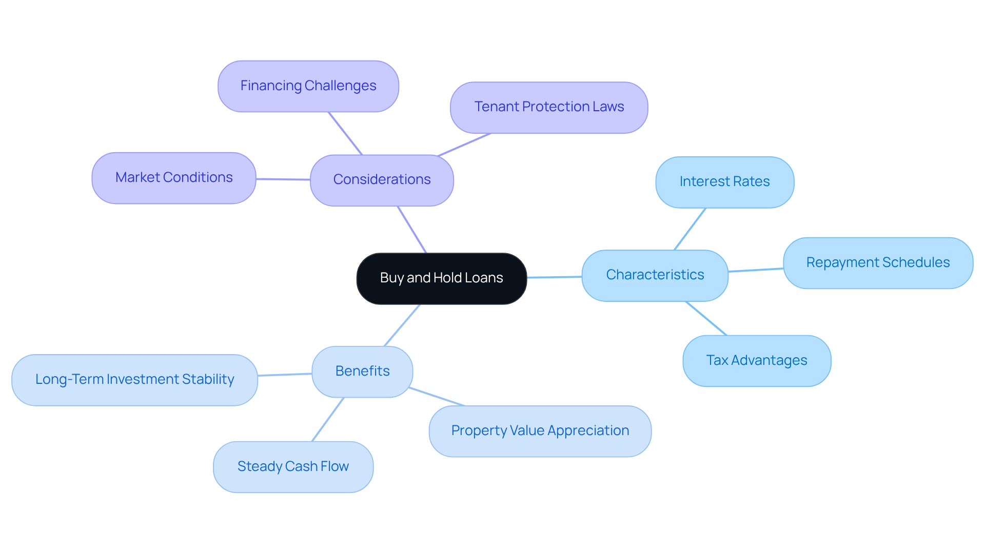 Start at the center with the main concept of buy and hold loans, then explore the branches to see their characteristics, benefits, and important considerations for investors.