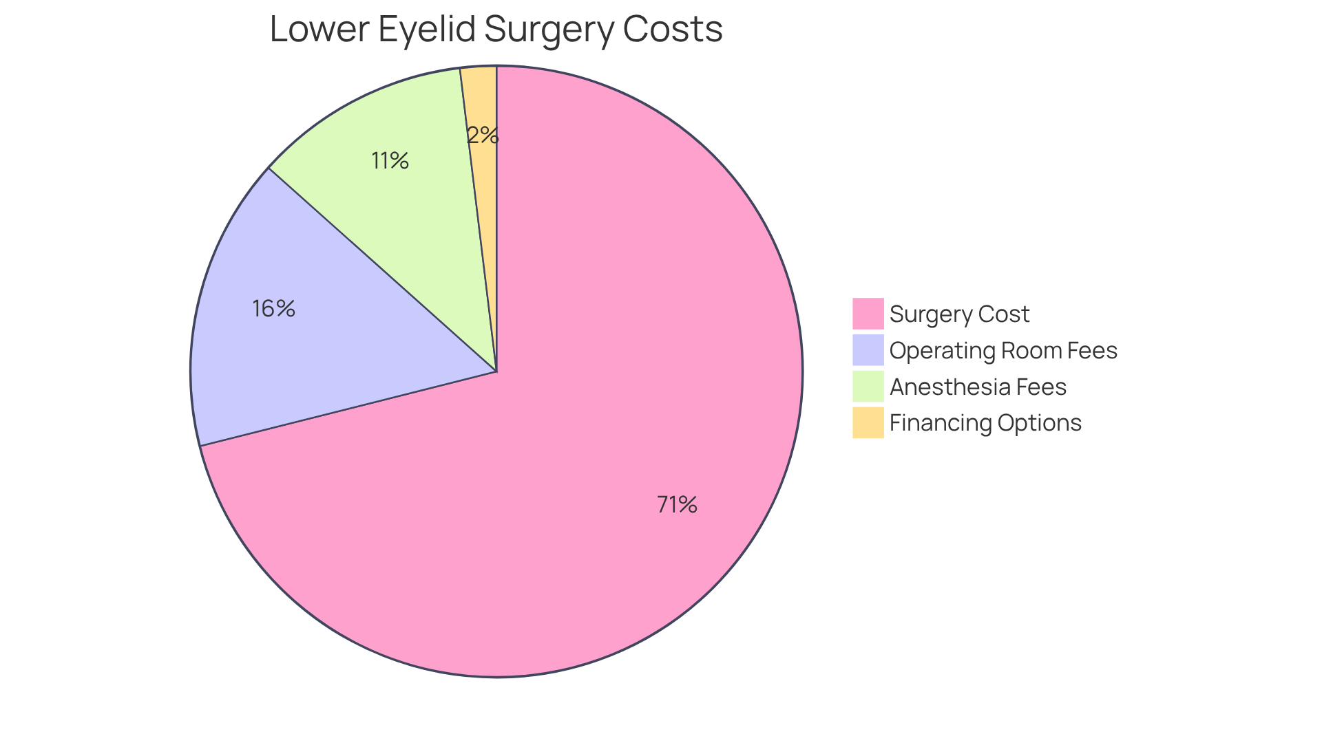 Each slice of the pie represents a different part of the total cost for lower eyelid surgery. The larger the slice, the more significant that cost is in relation to the overall expense. For example, the surgery cost is the biggest slice, showing it's the main expense, while the operating room and anesthesia fees are smaller slices, indicating they contribute less to the total.