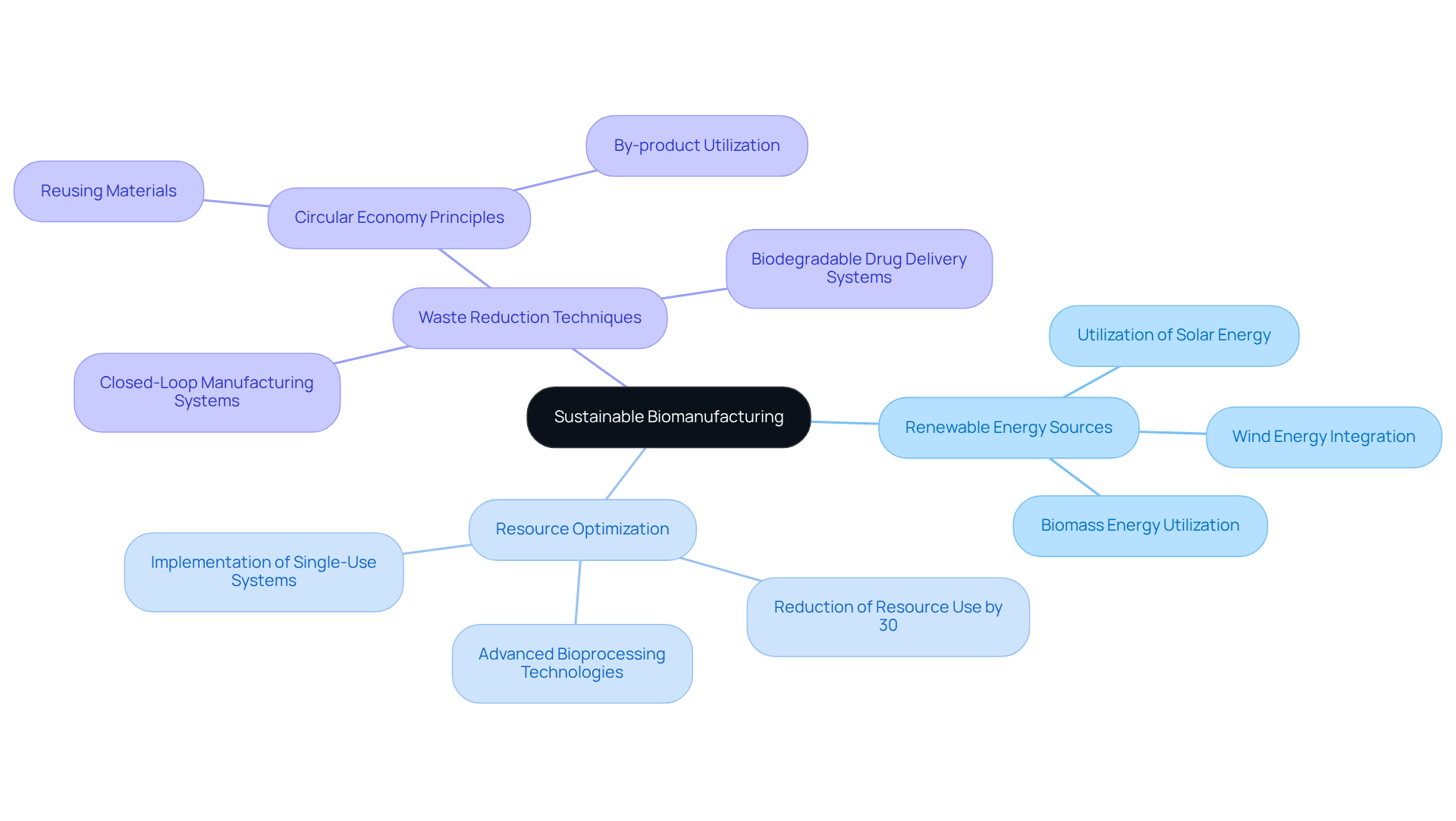 The center represents the main topic of sustainable biomanufacturing, while the branches show key strategies and their specific actions. Each color-coded branch helps you quickly identify different areas of focus.