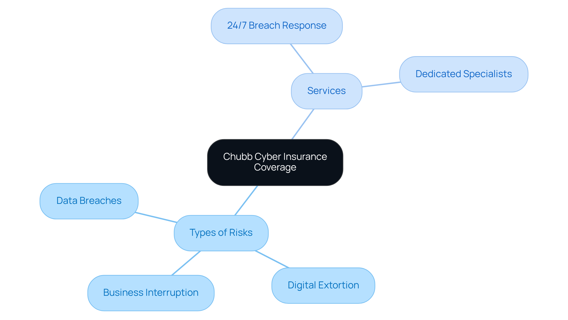 At the center is Chubb's cyber insurance, with branches showing the different risks covered and the services provided. Each branch helps you understand how Chubb supports tech firms in managing cyber threats.
