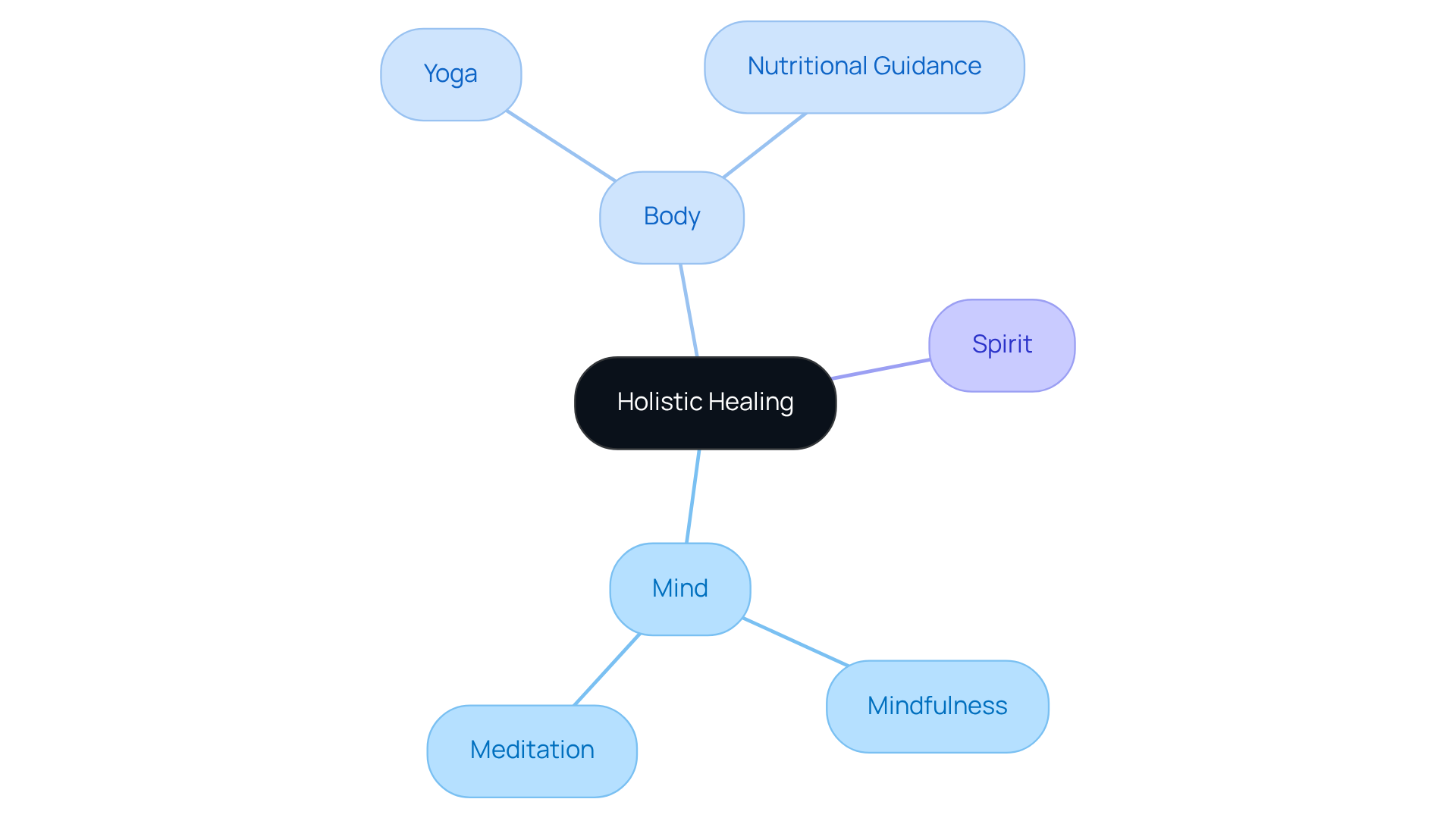 The center represents holistic healing, while the branches show how different practices support emotional balance. Each color-coded branch highlights a specific area of focus, making it easy to see how they connect.