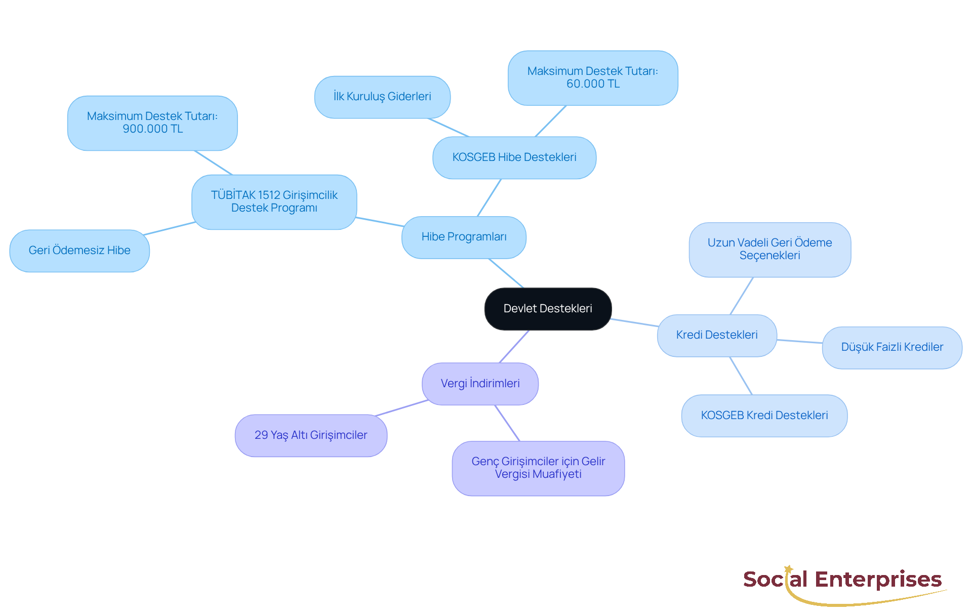 Merkezde devlet desteklerinin genel başlığı yer alıyor. Dallarda ise farklı destek türleri ve bu türlerin detayları var. Her dal, o destek türünün özelliklerini ve örneklerini gösteriyor.
