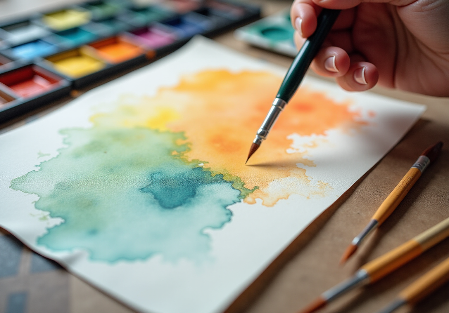 Artistic Workspace with Watercolor Paper Artistic Workspace with Watercolor Paper