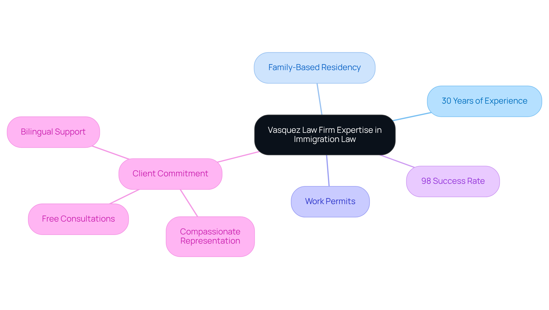 The center represents the law firm's overall expertise, while the branches show specific strengths and commitments. Each branch highlights a different aspect of their services, making it easy to see how they support clients in navigating immigration challenges.