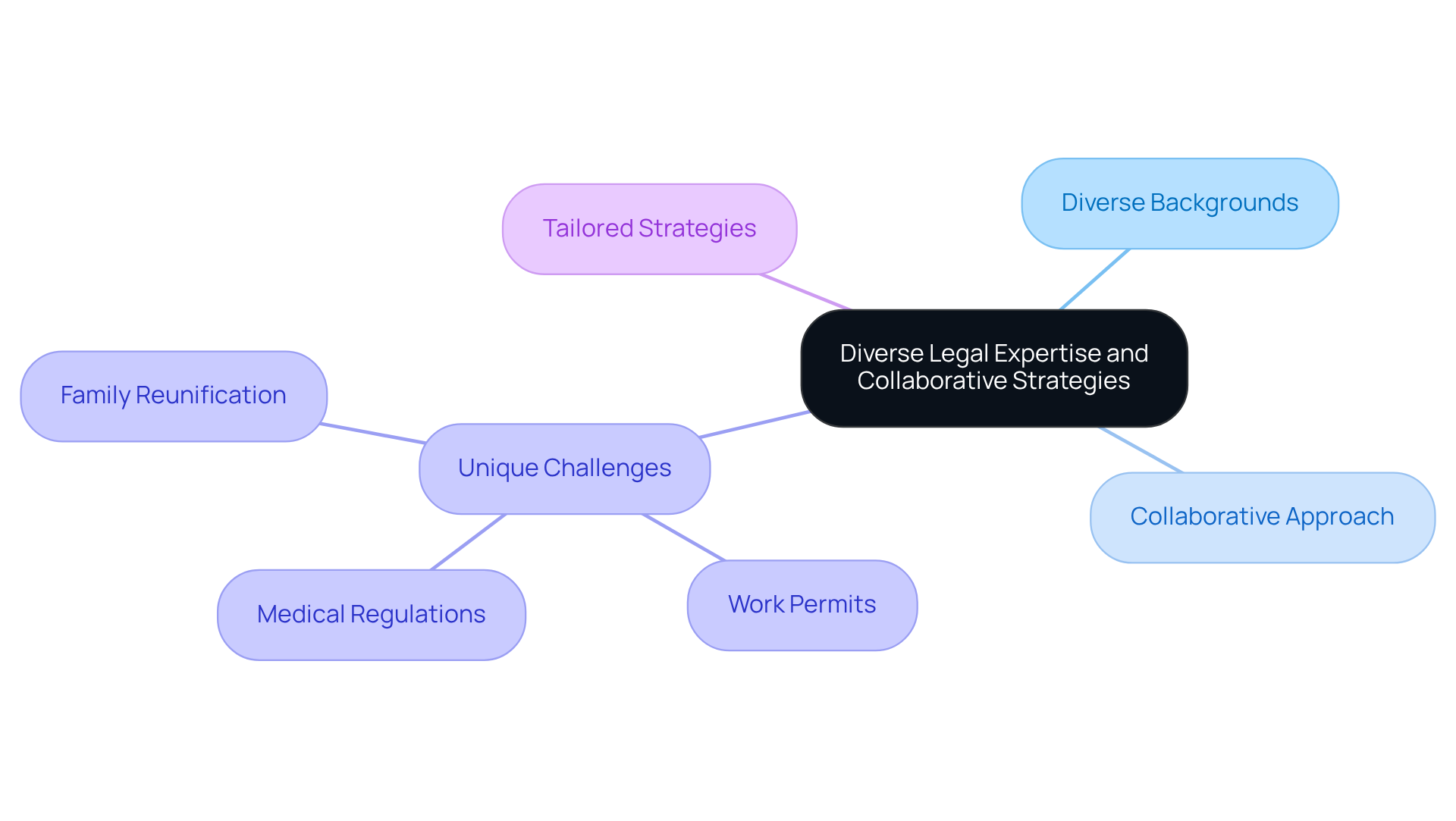 This mindmap illustrates how our diverse team of attorneys collaborates to support medical professionals facing immigration challenges. Each branch represents a key area of focus, showing how we address specific needs and create tailored strategies. This mindmap illustrates how our diverse team of attorneys collaborates to support medical professionals facing immigration challenges. Each branch represents a key area of focus, showing how we address specific needs and create tailored strategies.
