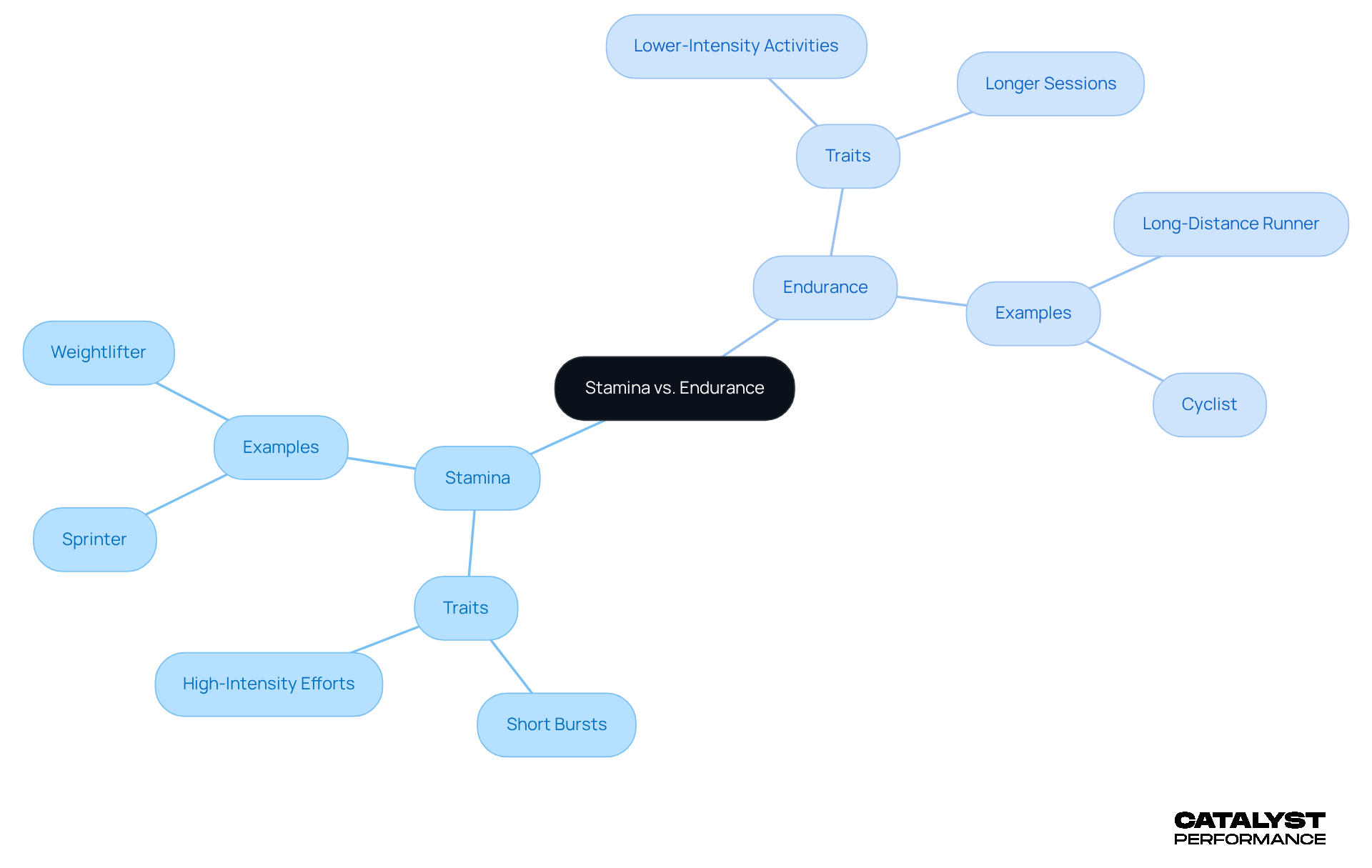 The central node represents the main topic, while the branches show the key characteristics and examples of stamina and endurance. Each color-coded branch helps you quickly identify which traits belong to which concept. The central node represents the main topic, while the branches show the key characteristics and examples of stamina and endurance. Each color-coded branch helps you quickly identify which traits belong to which concept.