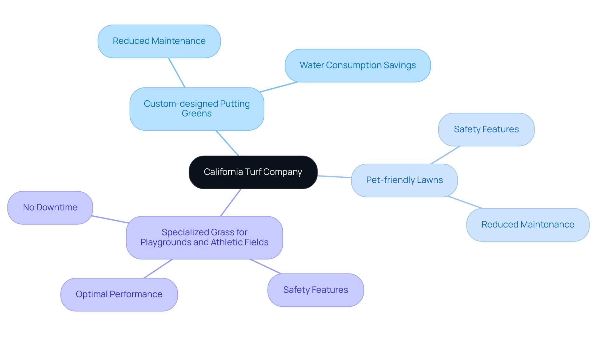 Start at the center with the company name, then follow the branches to explore each type of artificial grass solution and its unique benefits.