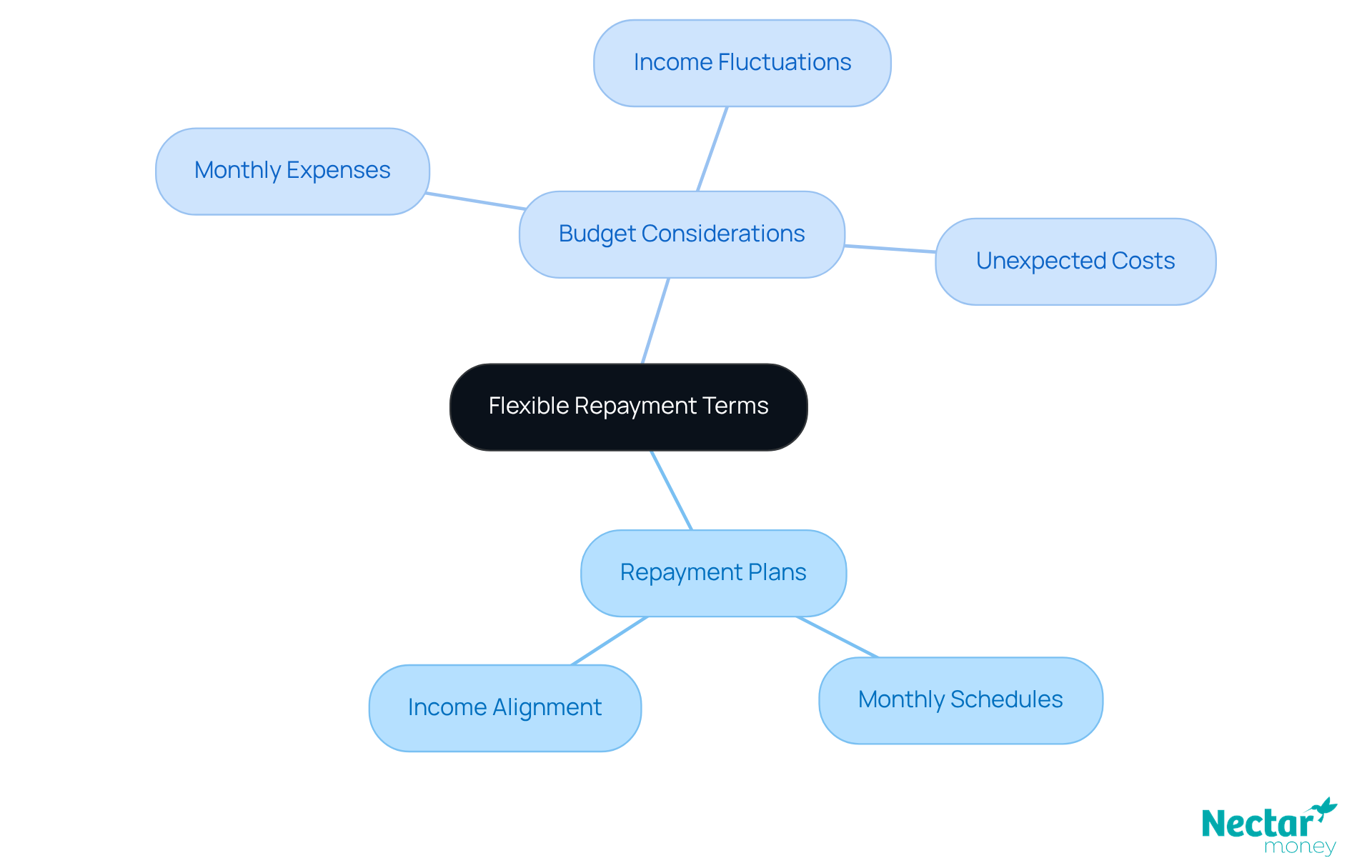 Start with the main idea in the center, then follow the branches to explore repayment options and important budget factors that can affect your loan management.