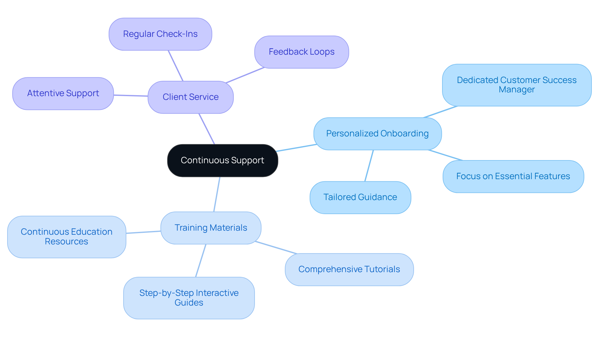 The center represents the main theme of continuous support, while the branches show the different types of assistance provided. Each branch highlights how these elements work together to improve user experience and adoption.