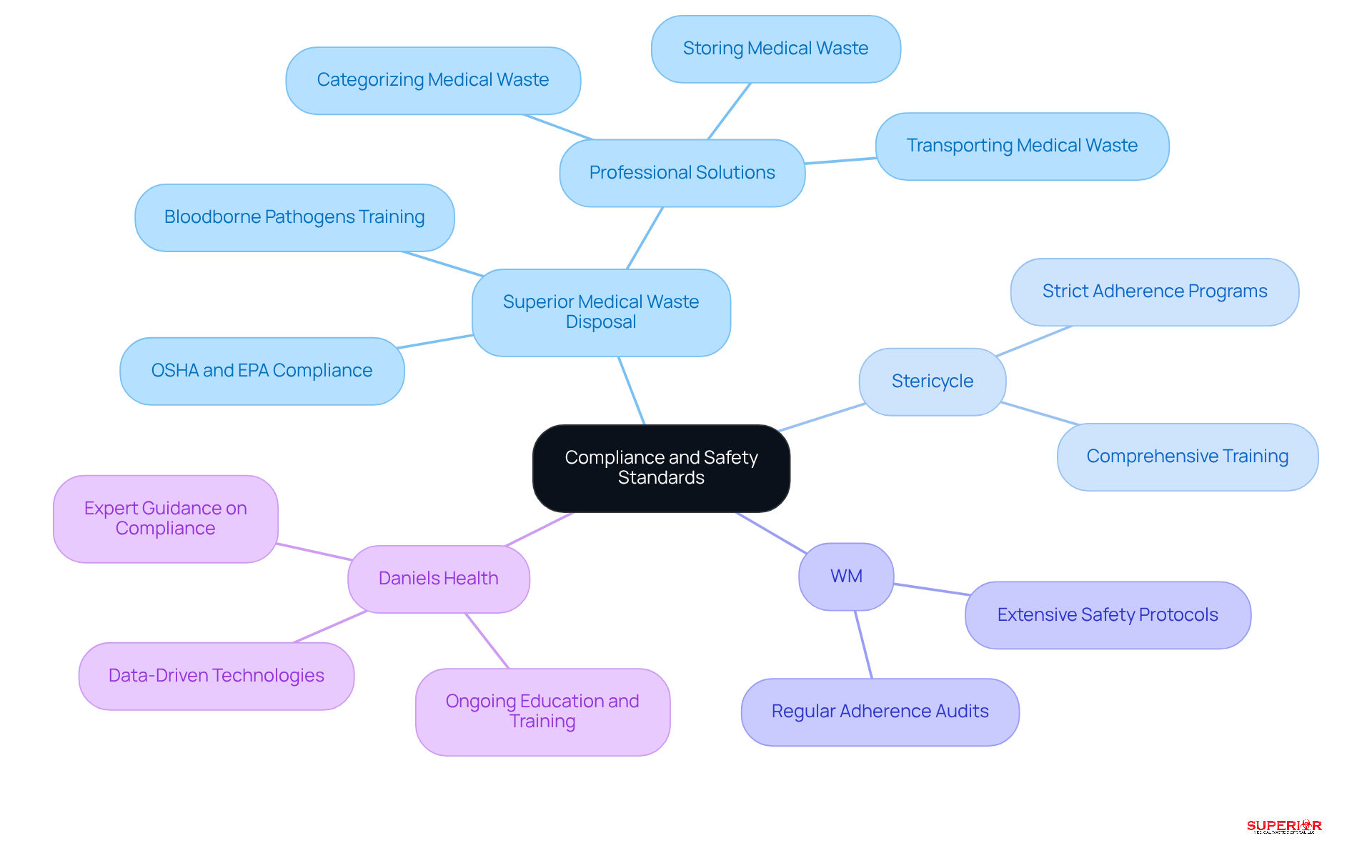 The central node represents the overall theme of compliance and safety. Each branch represents a different provider, and the sub-branches detail their specific practices and strengths in ensuring safety and adherence to regulations.