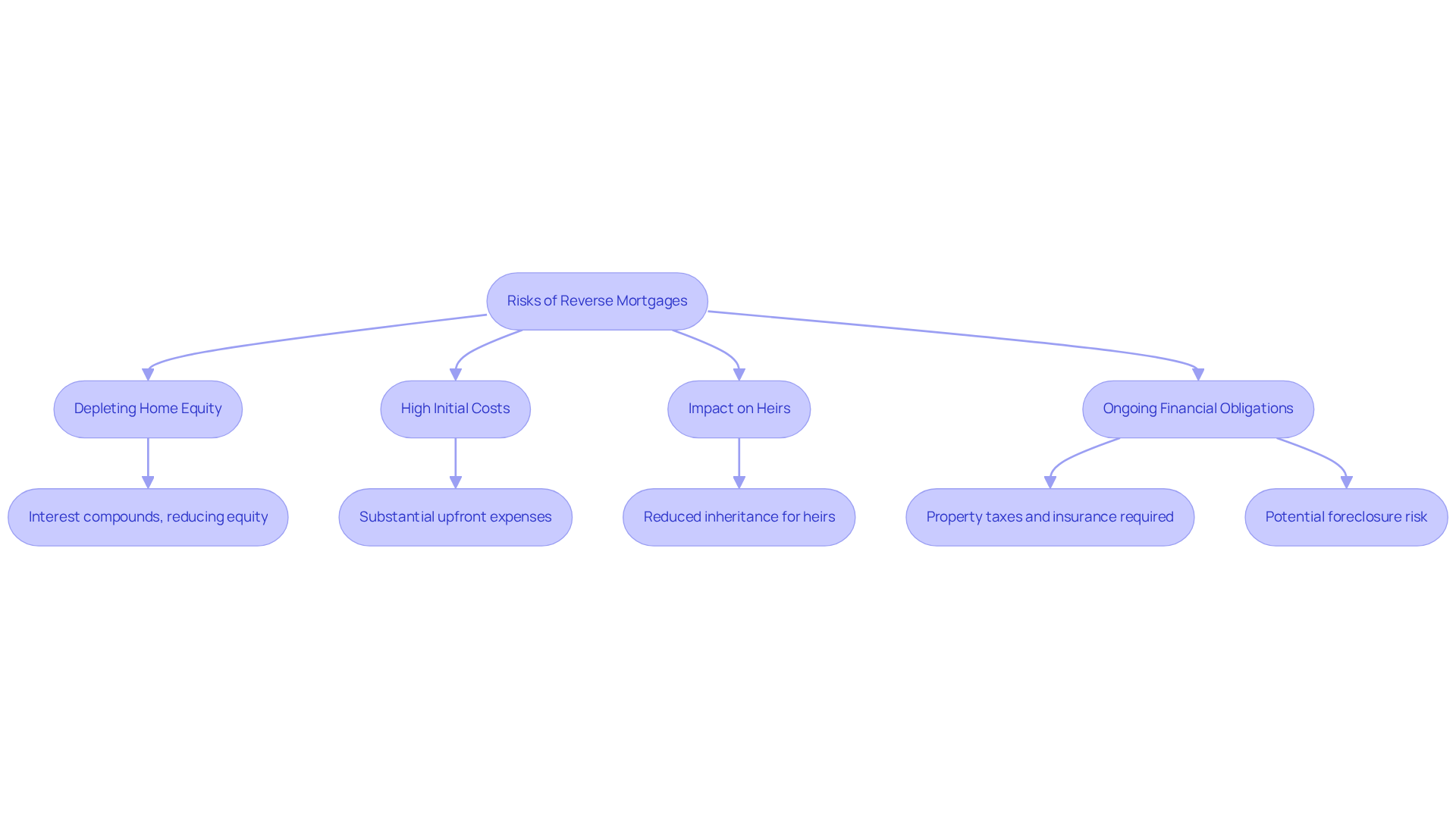 This flowchart outlines the key risks associated with reverse mortgages. Each branch represents a different concern, helping you visualize how these issues connect and impact your financial situation.