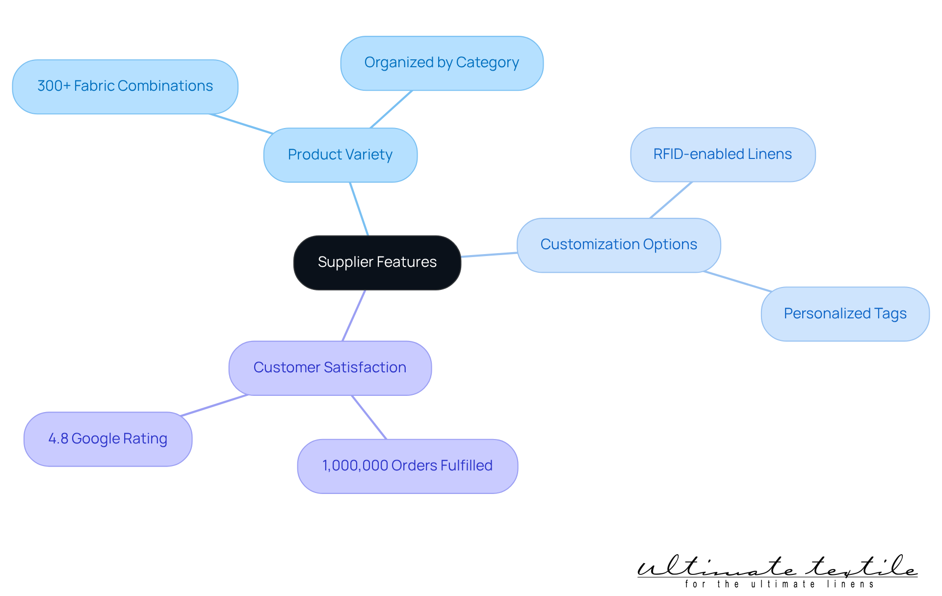 The central node represents the main topic, while branches show key features and benefits. Each color-coded branch helps you quickly identify different aspects of the supplier's offerings.