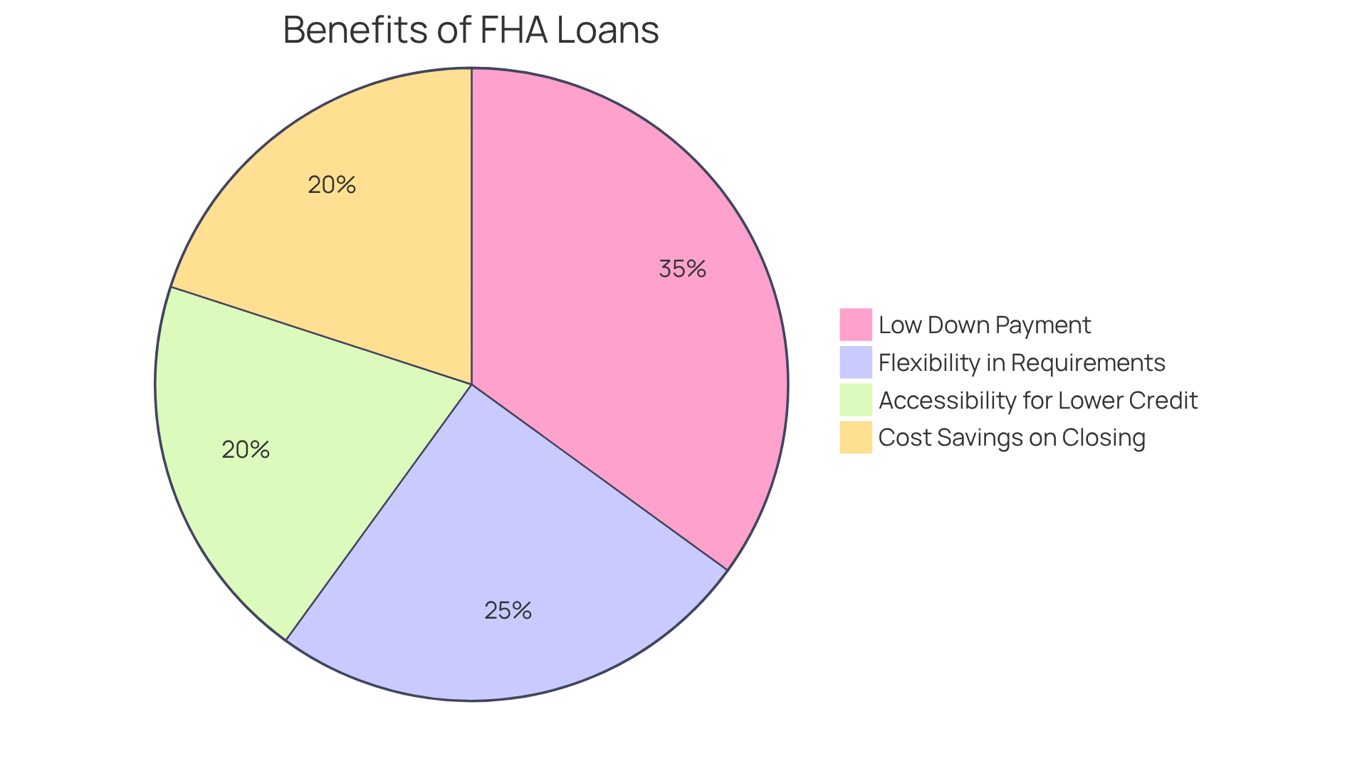 Each slice represents a key benefit of FHA loans. The larger the slice, the more significant that benefit is for first-time homebuyers. For example, the 3.5% down payment slice highlights how low upfront costs help buyers enter the housing market.
