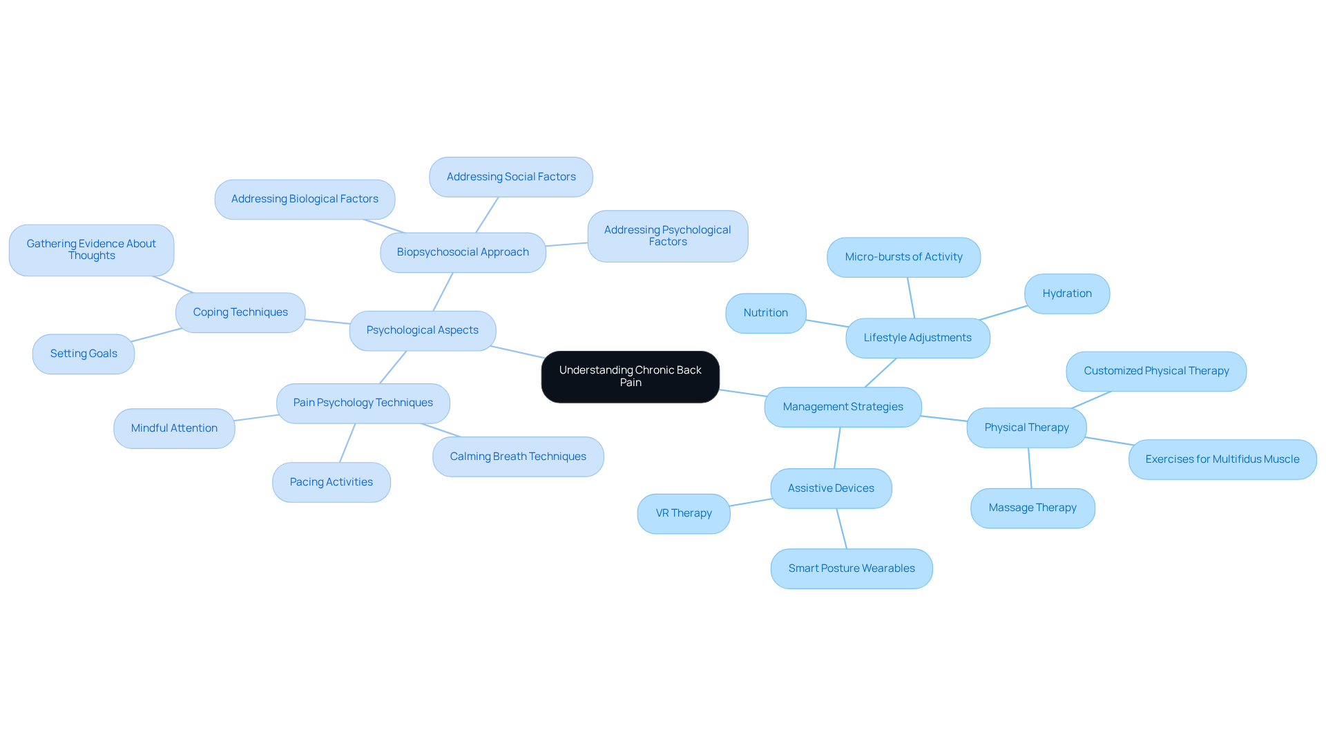 The central idea is about understanding chronic back pain. The branches show different strategies and aspects that can help manage pain and improve quality of life. Each branch represents a key area of focus, guiding you through the various ways to cope and manage your condition. The central idea is about understanding chronic back pain. The branches show different strategies and aspects that can help manage pain and improve quality of life. Each branch represents a key area of focus, guiding you through the various ways to cope and manage your condition.