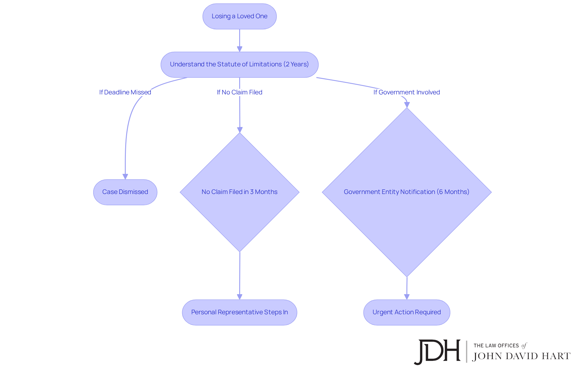 This flowchart outlines the steps families need to take after losing a loved one and the critical deadlines they must meet. Each box represents a key step or consequence, and the arrows show how they connect. Follow the flow to understand the importance of timely action in pursuing a wrongful death claim.