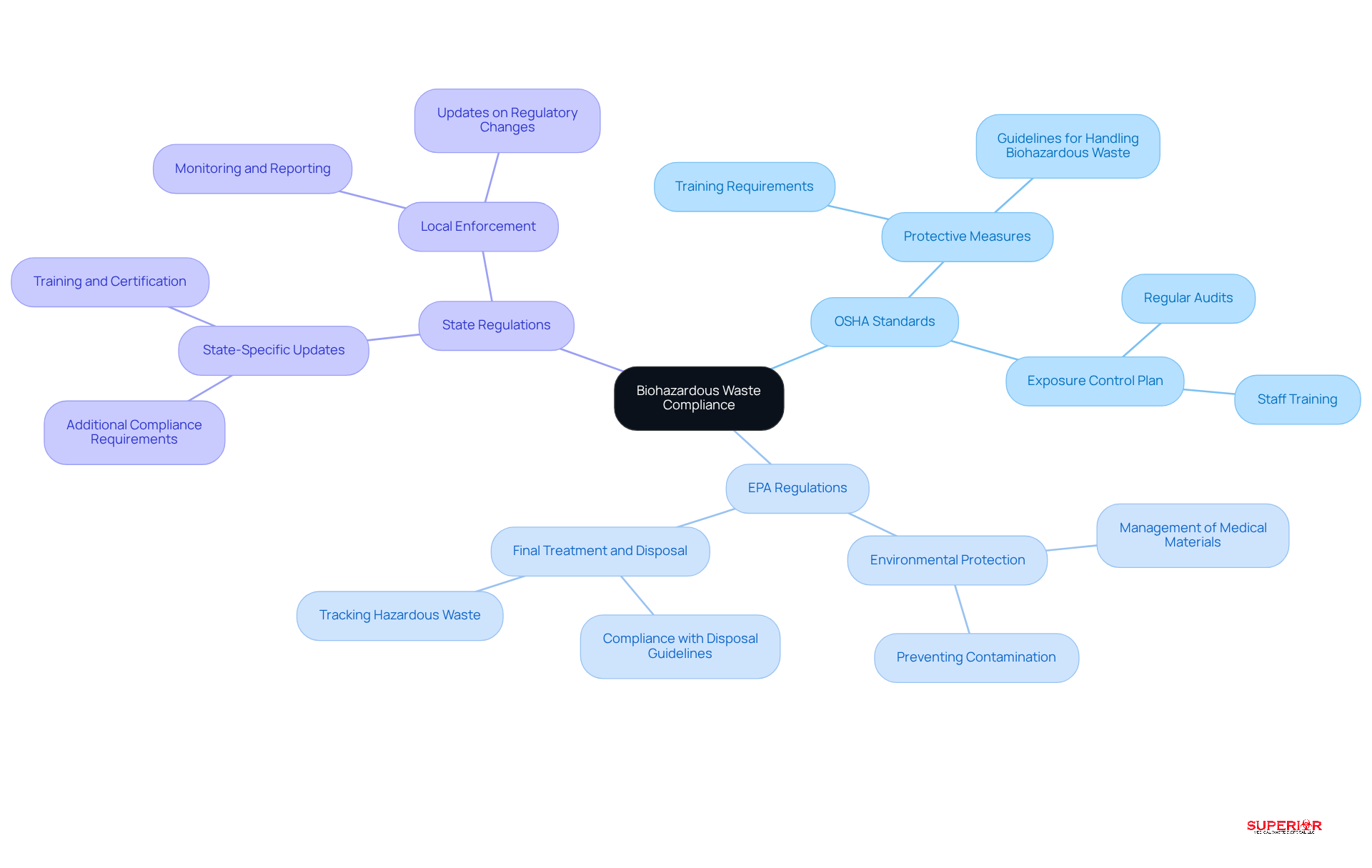 The central node represents the overall compliance theme, while the branches show specific regulations and their key focuses. Each color-coded branch helps you quickly identify which regulation you're looking at.