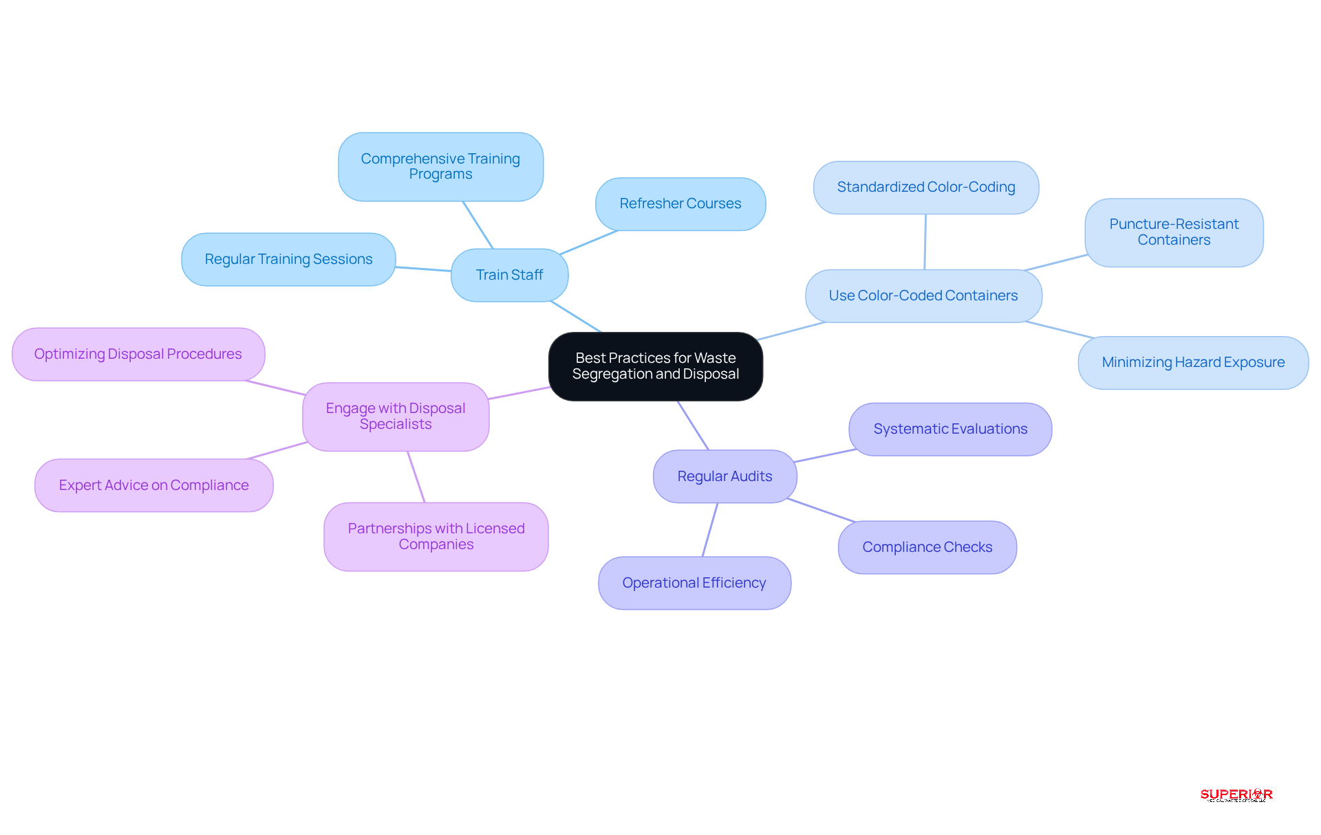 The central node represents the overall goal of improving waste management. Each branch shows a key strategy, and the sub-branches provide additional details or actions related to that strategy. Follow the branches to see how each practice contributes to better waste management. The central node represents the overall goal of improving waste management. Each branch shows a key strategy, and the sub-branches provide additional details or actions related to that strategy. Follow the branches to see how each practice contributes to better waste management.