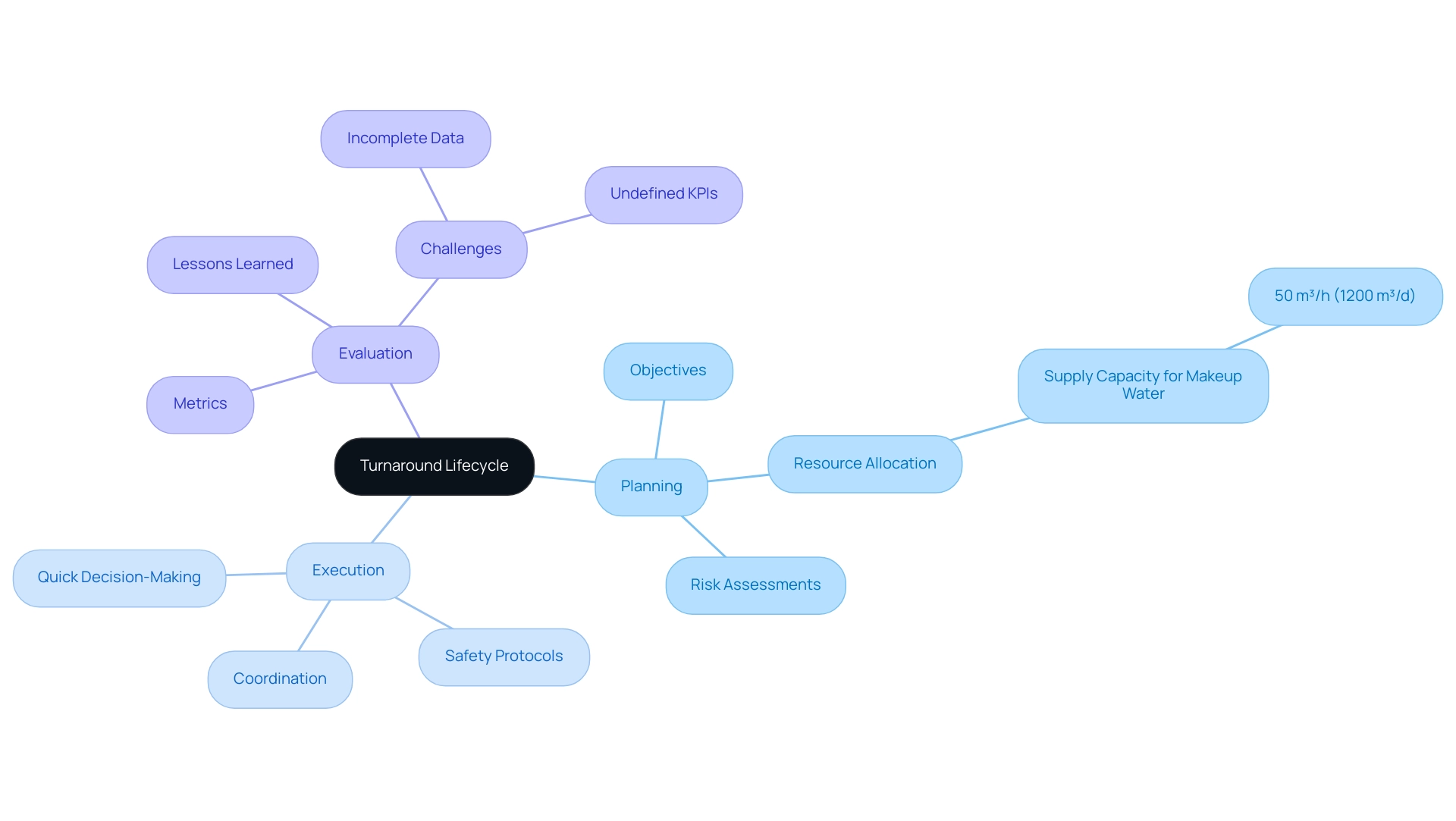 The central node represents the Turnaround Lifecycle, with branches for each phase (Planning, Execution, Evaluation), color-coded for clarity.