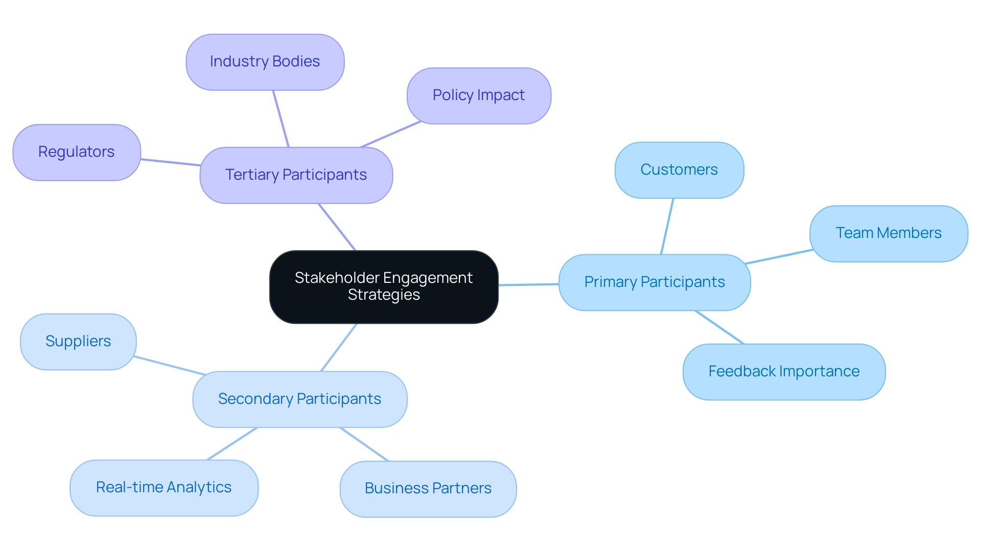 The central node represents stakeholder engagement strategies, with branches for primary, secondary, and tertiary participants, each color-coded to denote their level of involvement.