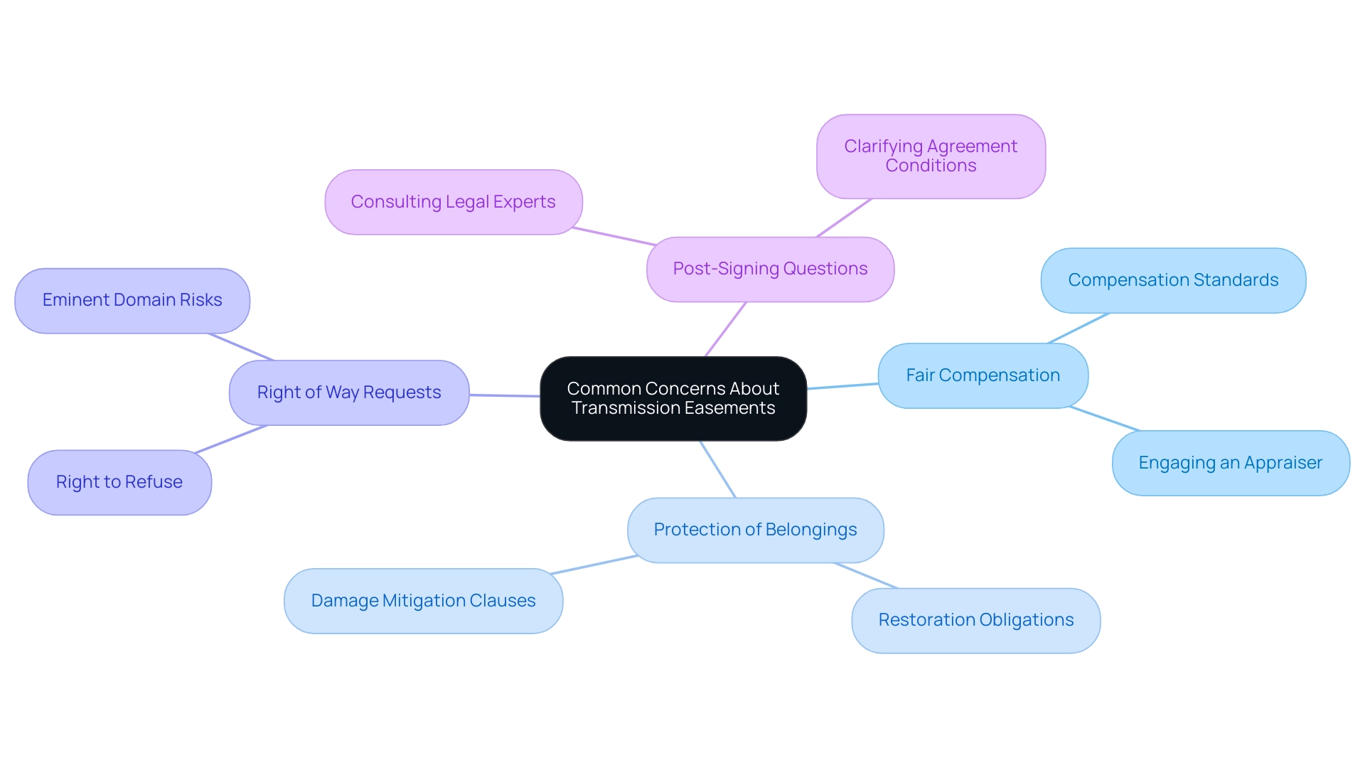 The central node represents the overall topic, with branches showing the key concerns and their respective details or actions.