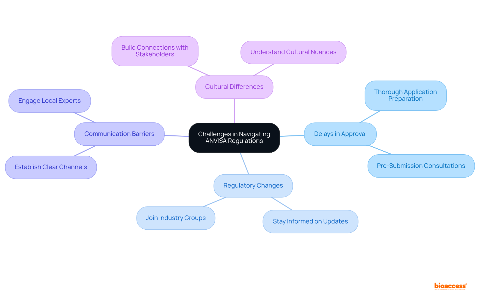 The center node represents the main topic. Each colored branch signifies a challenge, and the sub-branches outline strategies to tackle those challenges. This layout helps you quickly grasp the key areas of focus in navigating ANVISA regulations.