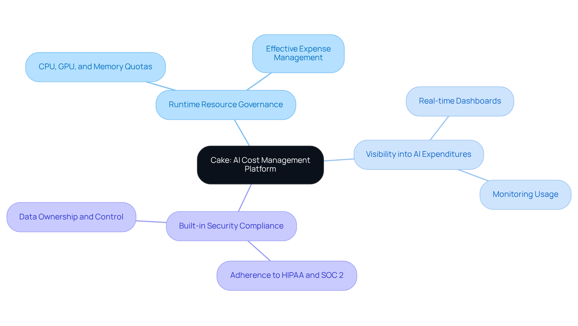 The central node represents the Cake platform, while the branches show its key functionalities. Each sub-branch explains why these features are important, especially in healthcare IT.