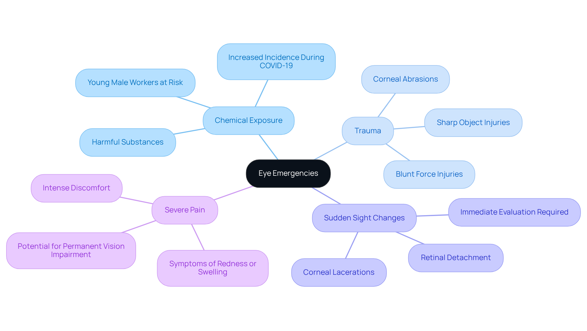 The center represents the overall topic of eye emergencies. Each branch shows a specific type of emergency, with further details provided in the sub-branches. This helps you quickly identify what situations require urgent attention.