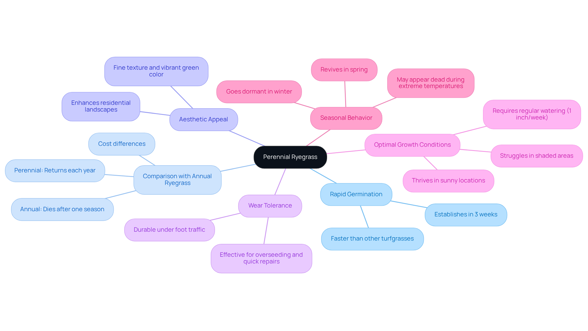 Start at the center with Perennial Ryegrass, then explore each branch to learn about its features and care needs. Each branch represents a different aspect of this grass type, helping you understand its benefits and requirements.