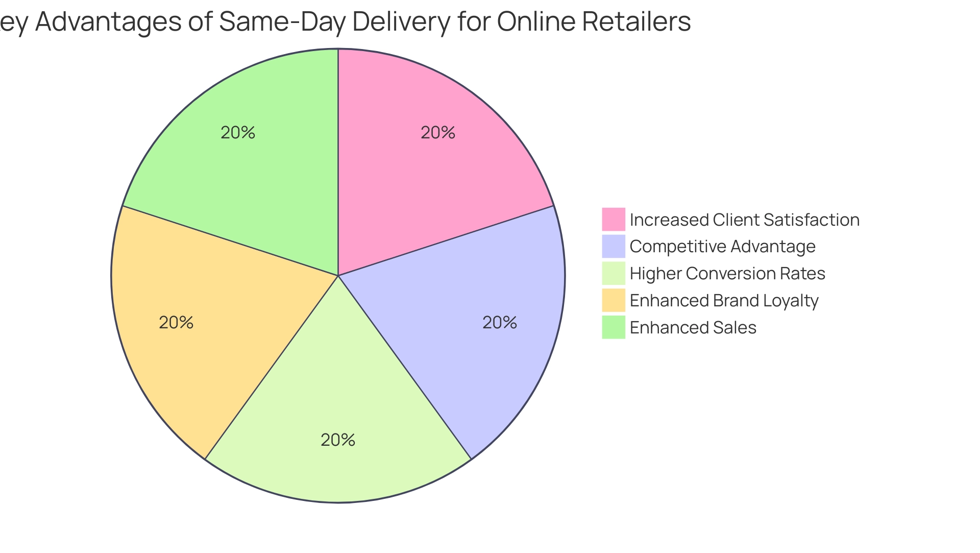 Each slice represents a key advantage of same-day delivery: Client Satisfaction, Competitive Advantage, Conversion Rates, Brand Loyalty, and Sales.