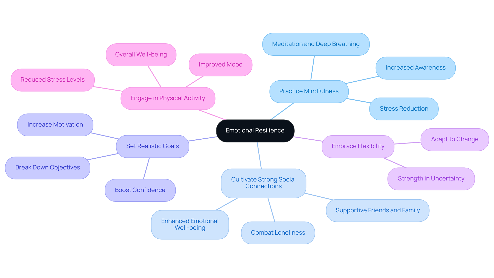 The center represents the main goal of emotional resilience, while each branch shows a strategy to achieve it. Follow the branches to explore how each strategy contributes to your emotional well-being.