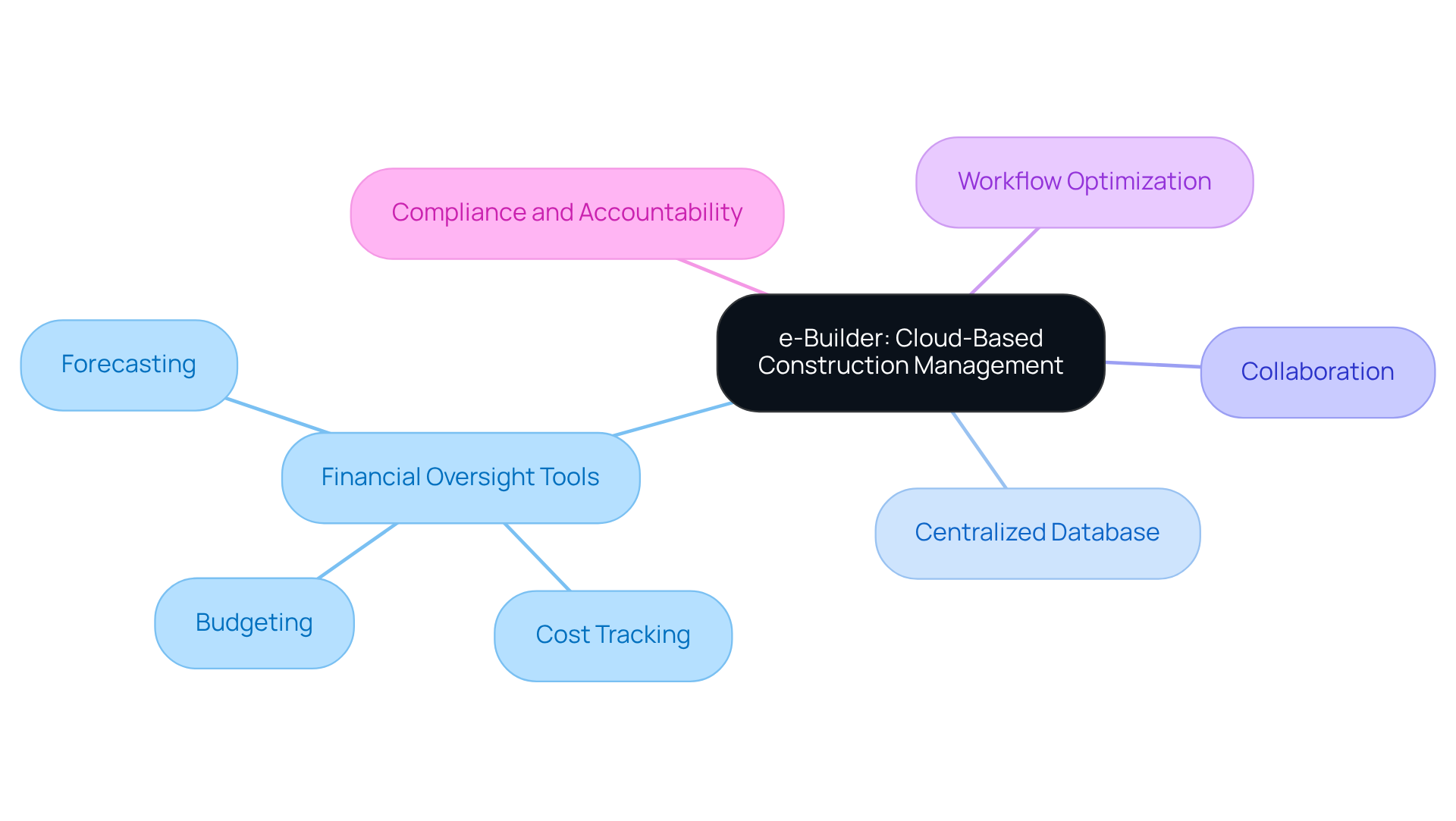 The central node represents the e-Builder platform, while the branches show its main features and benefits. Each color-coded branch helps you quickly identify different aspects of the platform.