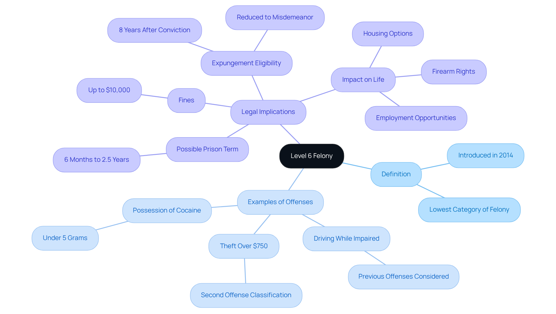 The central node represents the Level 6 felony, while the branches show its key characteristics and examples. Each sub-branch provides more detail about specific offenses and their legal consequences, helping you see how they connect and affect your life.