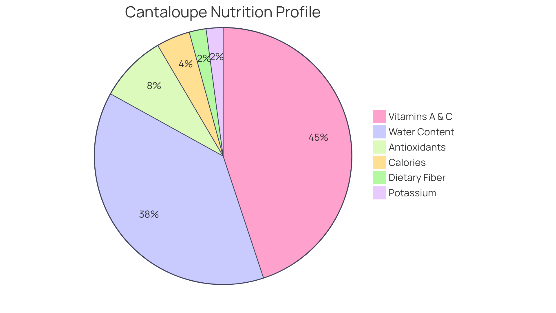 Each slice indicates a different aspect of cantaloupe's nutrition. The larger the slice, the more significant that nutrient is in the overall profile. This chart helps you see how cantaloupe can be a hydrating and healthy snack for your pets. Each slice indicates a different aspect of cantaloupe's nutrition. The larger the slice, the more significant that nutrient is in the overall profile. This chart helps you see how cantaloupe can be a hydrating and healthy snack for your pets.