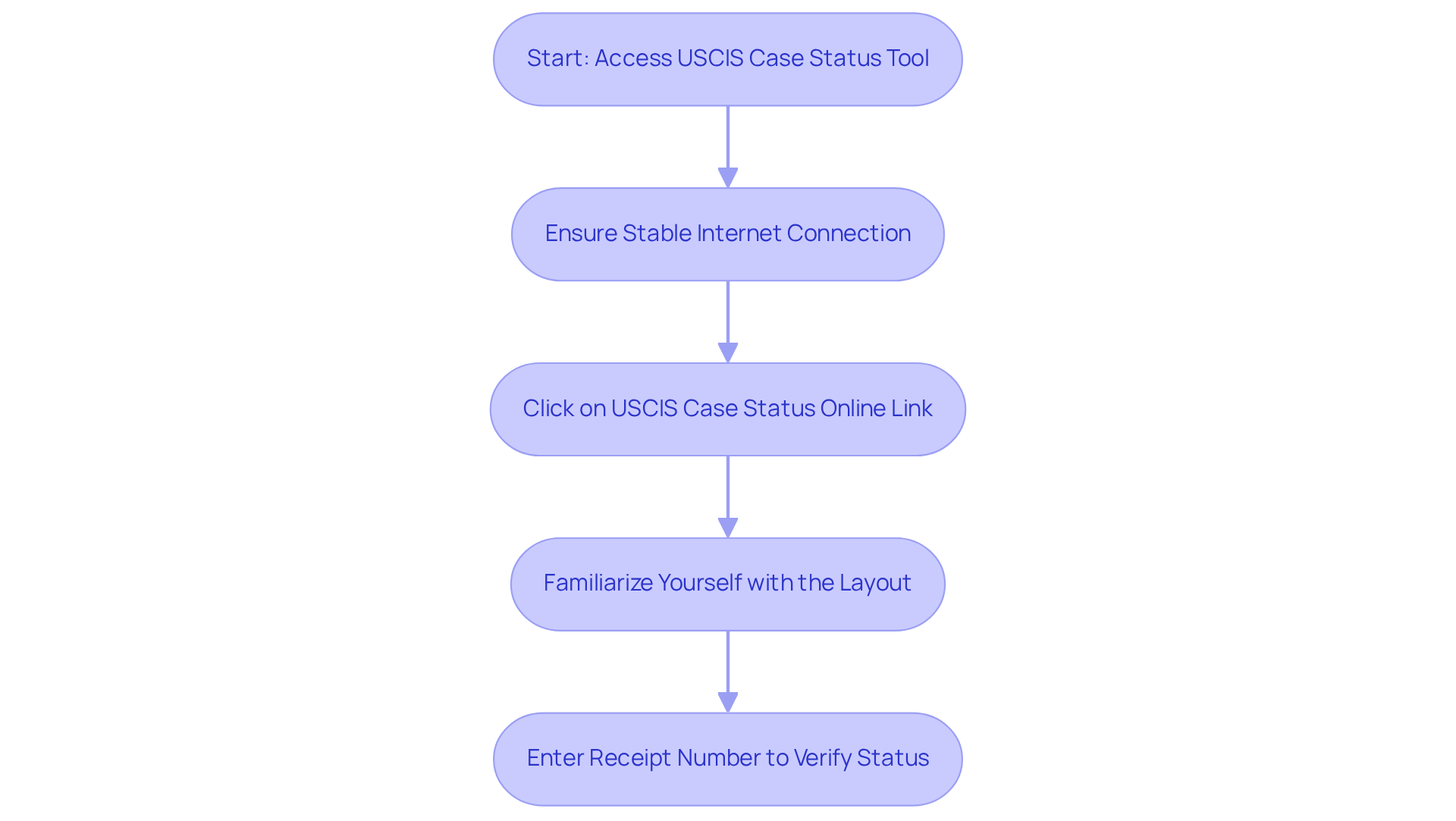 Each box represents a step in the process — follow the arrows to see what to do next for checking your immigration case status.