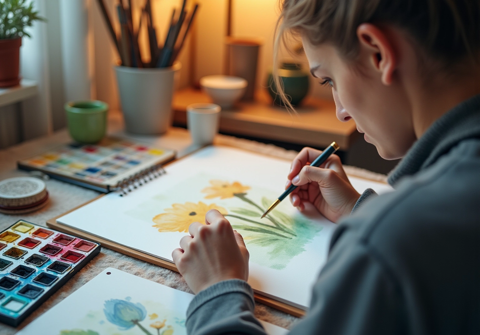 Focused Watercolor Practice in an Artistic Studio