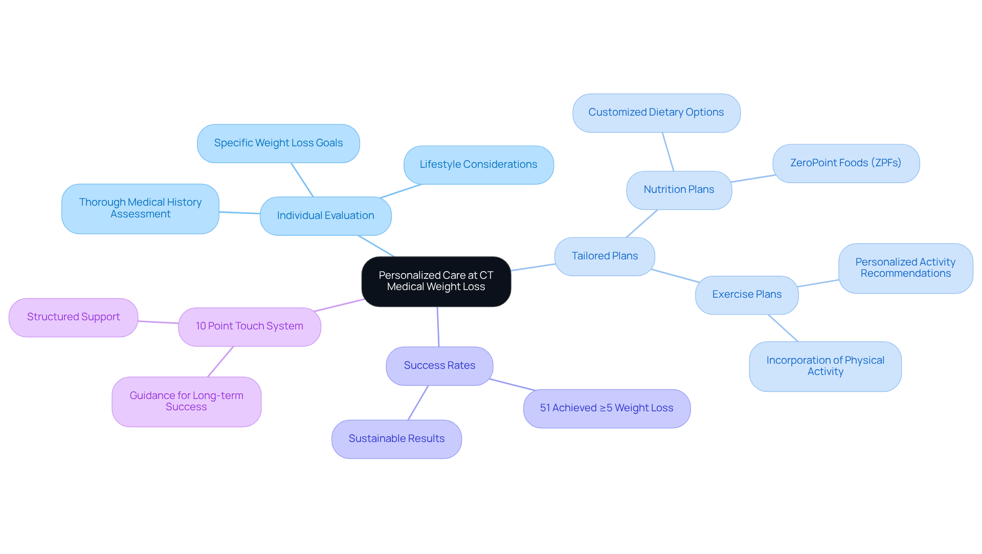 The center represents the core idea of personalized care, with branches showing how we evaluate and support each patient. Each color-coded branch highlights different aspects of our approach, making it clear how they connect to the overall goal of successful weight loss.