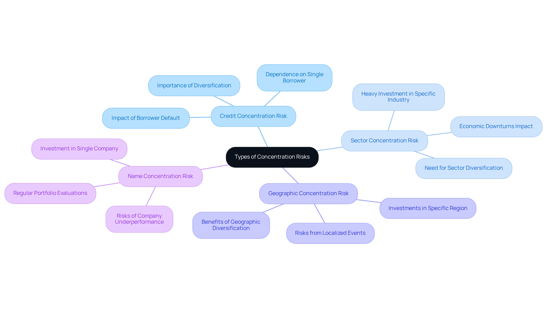 This mindmap starts with the central idea of concentration risks and branches out into four main types. Each branch explains a specific risk that families might face, helping you see how they relate to the overall theme of financial health.