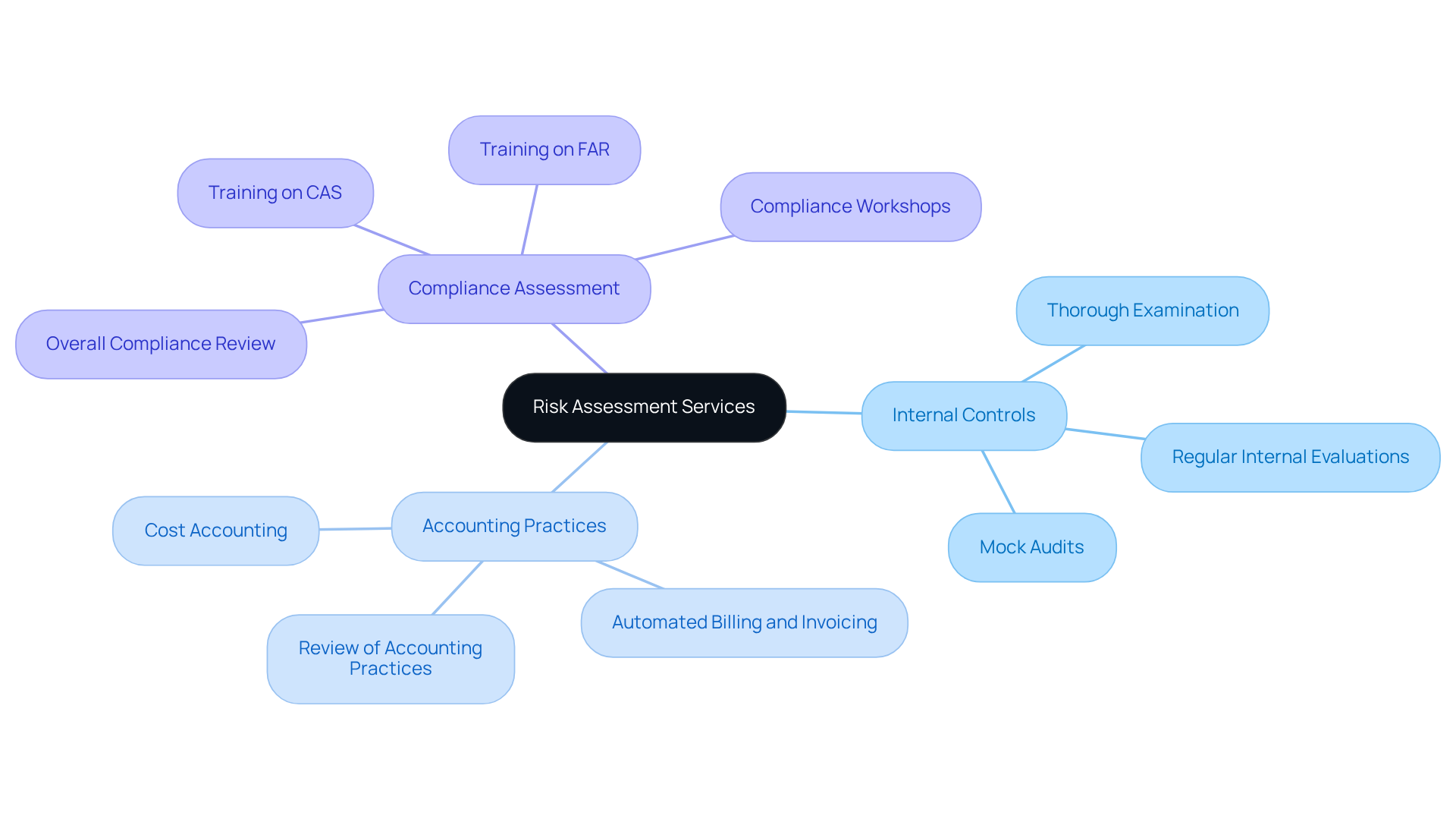 The central node represents the main theme of risk assessment services, while the branches illustrate key areas of focus and training topics. Each branch connects to specific actions or subjects that contribute to compliance readiness.