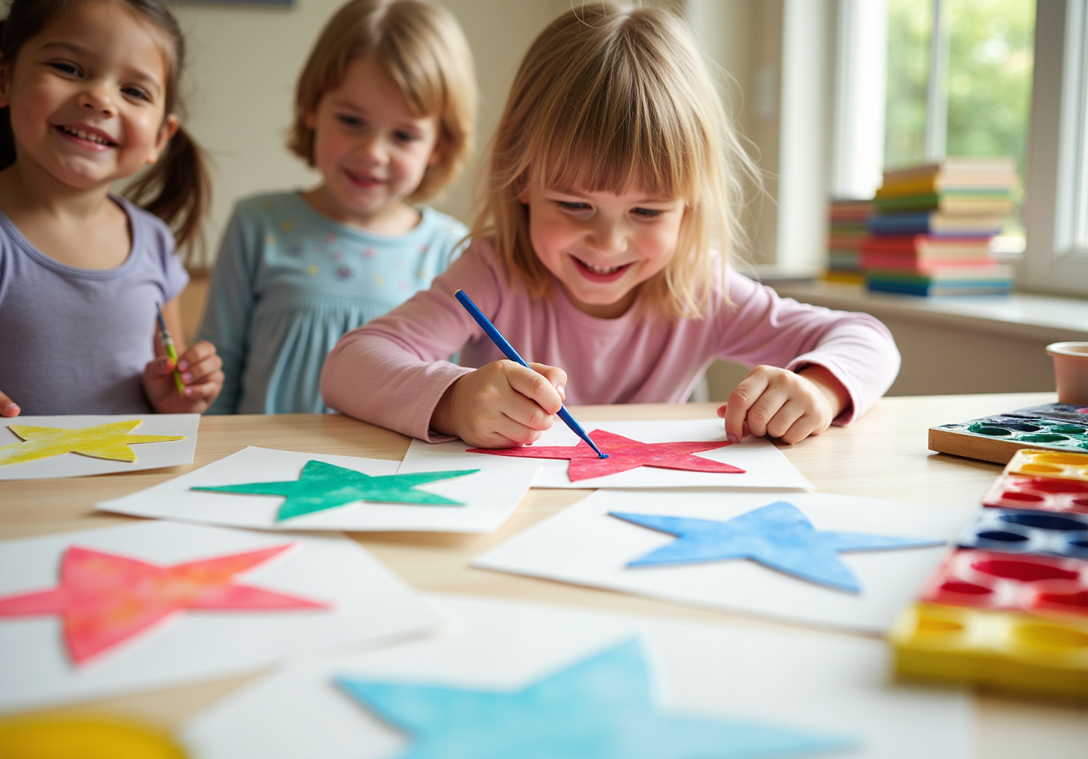 Children Engaged in Fun Shape Watercolor Painting Children Engaged in Fun Shape Watercolor Painting