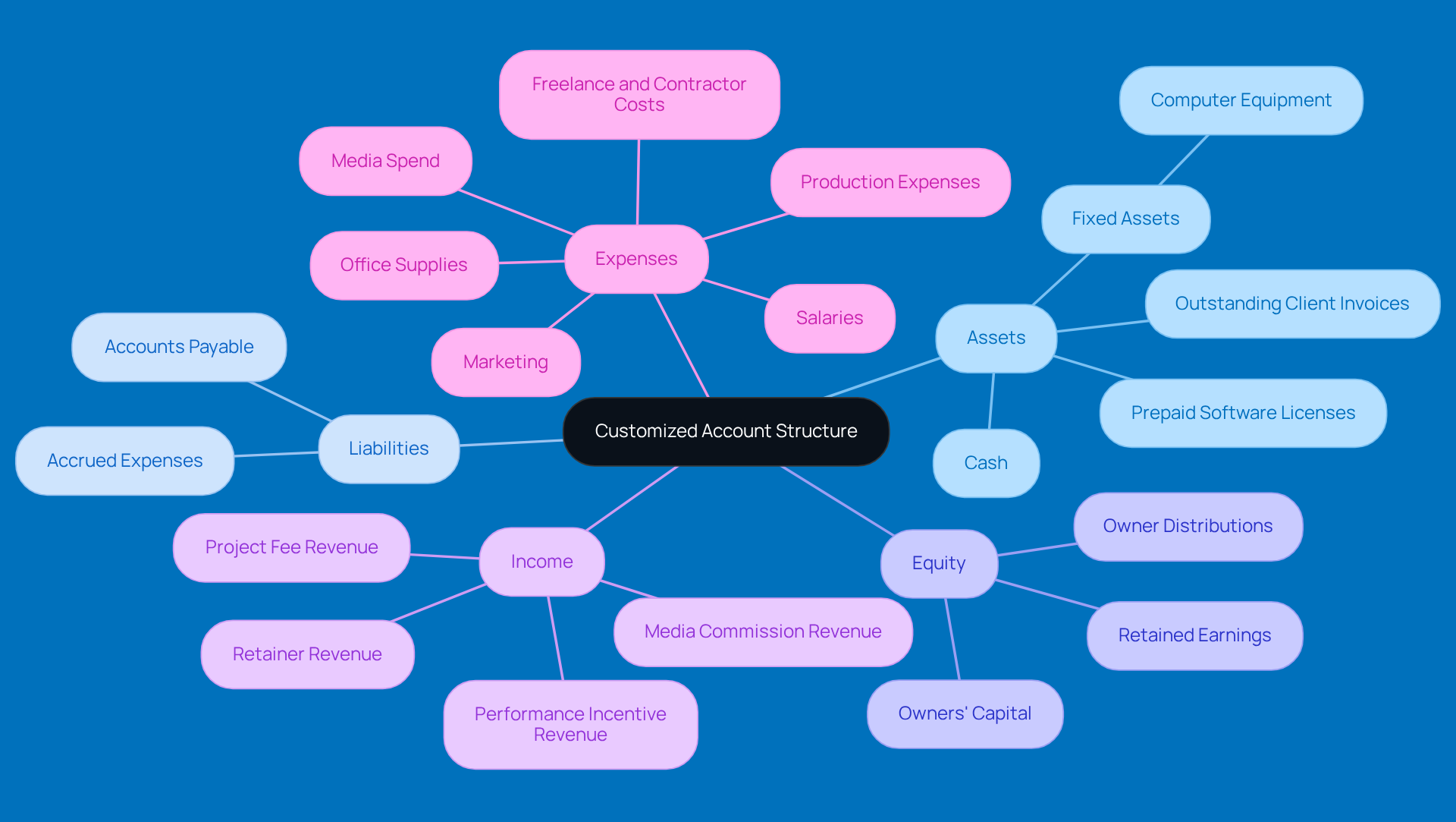The central node represents the overall structure of your accounts. Each branch shows a major category, and the sub-branches provide more detail on specific areas, helping you visualize how your finances are organized.